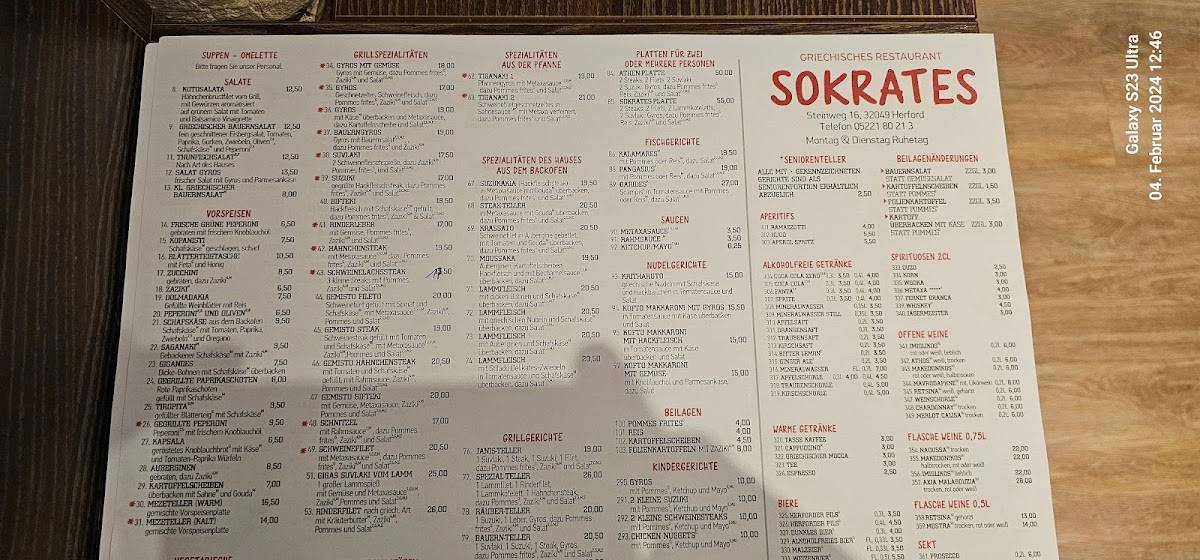 Speisekarte von Griechisches Restaurant Sokrates, Herford