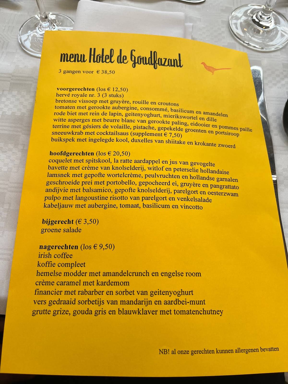 Menu at Hotel De Goudfazant, Amsterdam