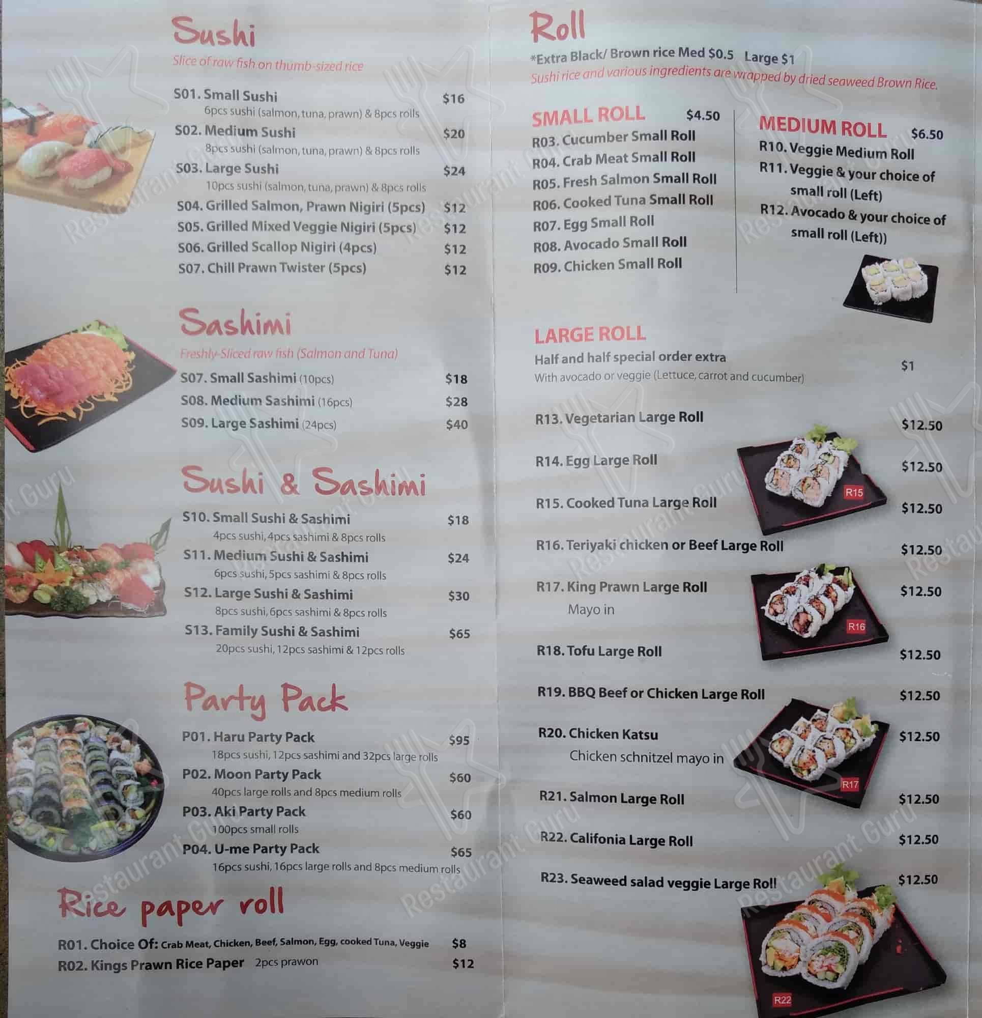 Menu at Moon's Sushi restaurant, Menai