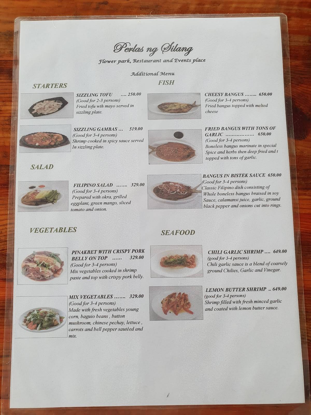 Menu at Perlas ng Silang restaurant, Silang