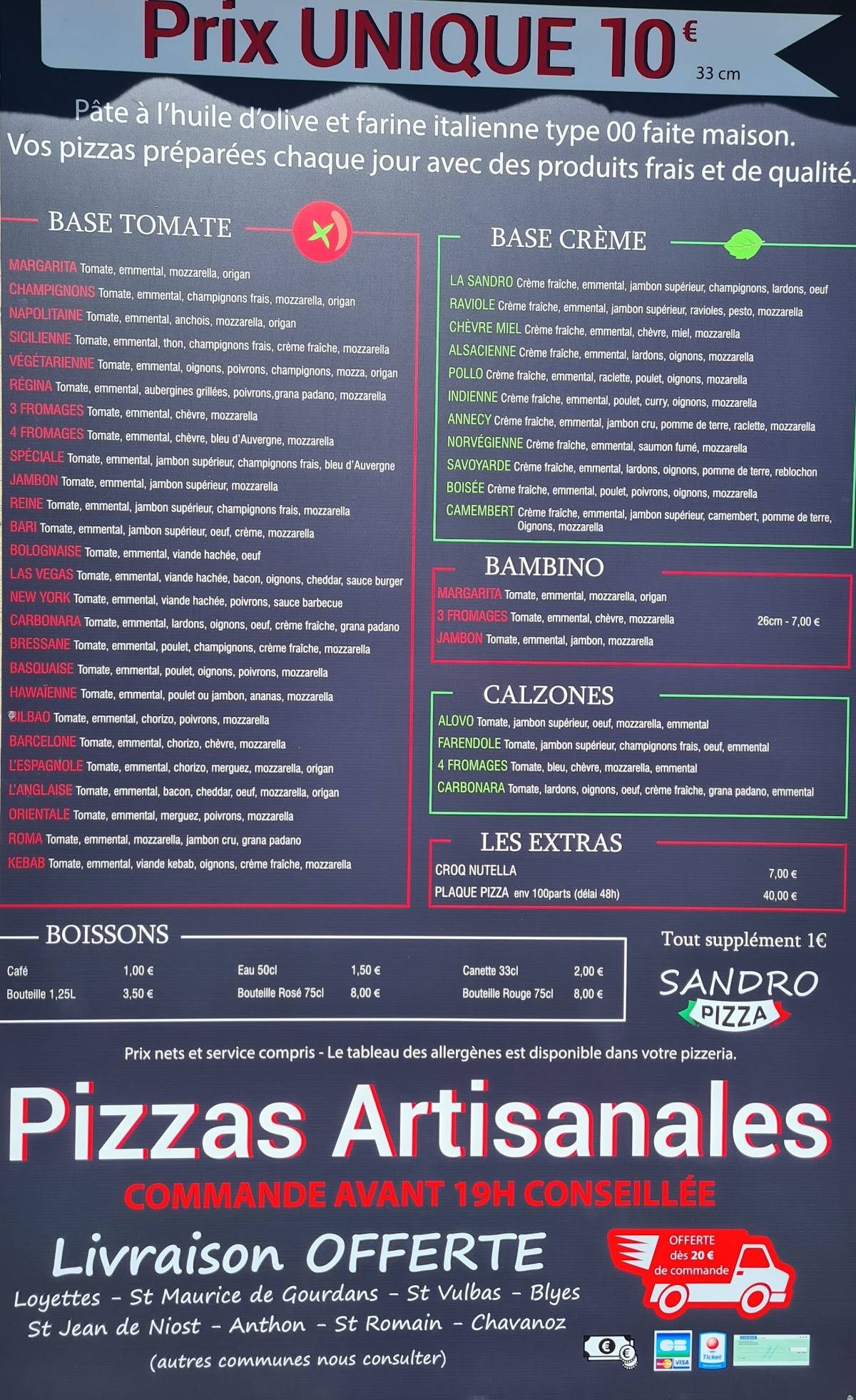 Menu au Sandro Pizza restaurant, Loyettes