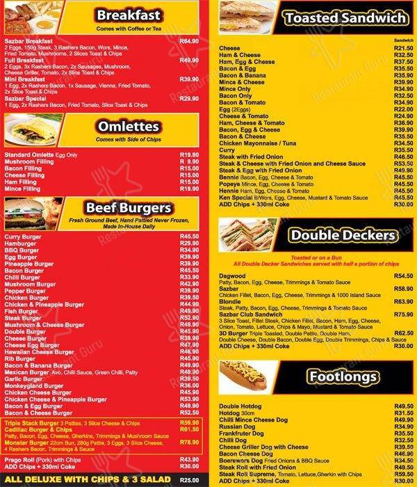 Menu at Sazbar Roadhouse, South Africa