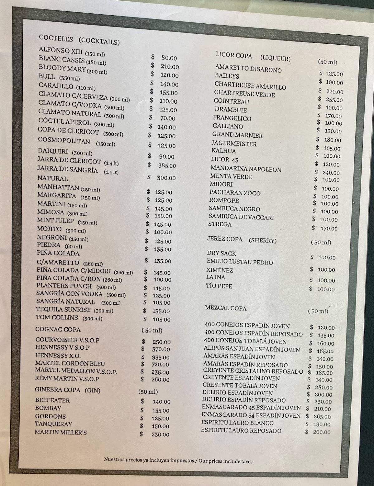 Carta del restaurante El Cardenal del San Ángel, Ciudad del México, Av ...