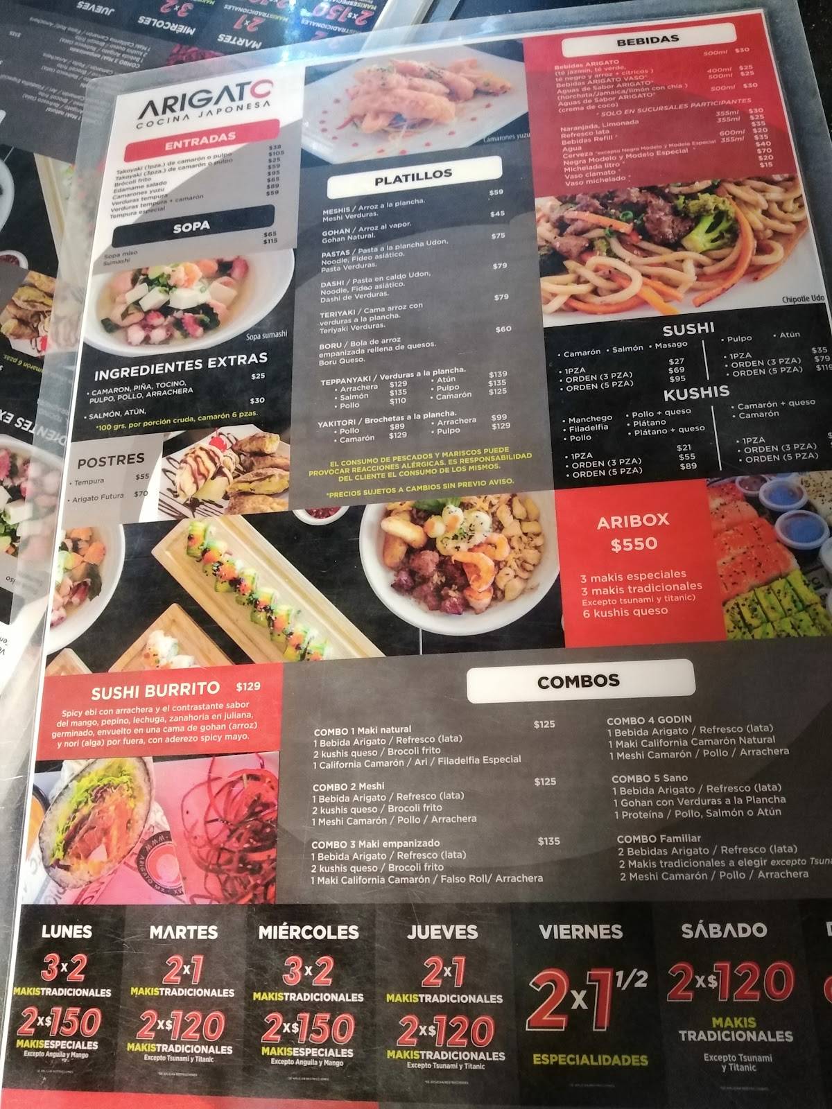 Carta del restaurante ARIGATO cocina japonesa, San Miguel del Allende