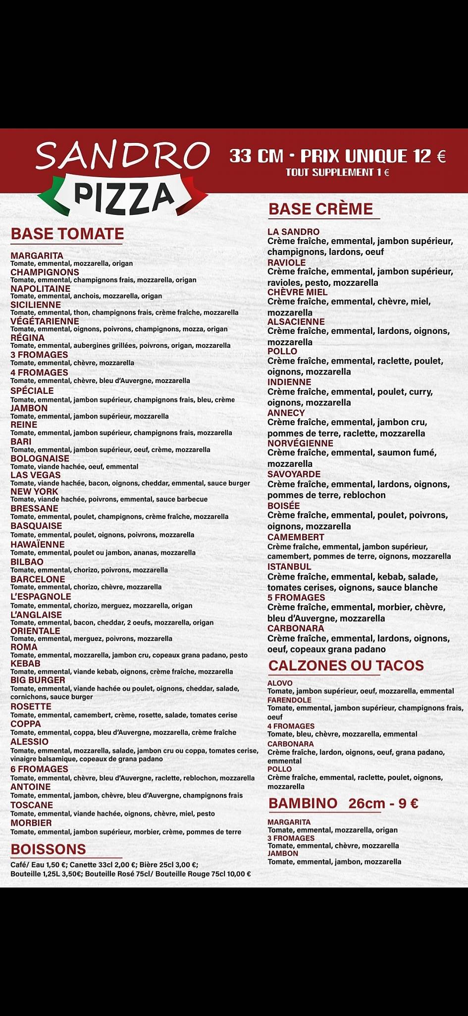 Menu au Sandro Pizza restaurant, Loyettes
