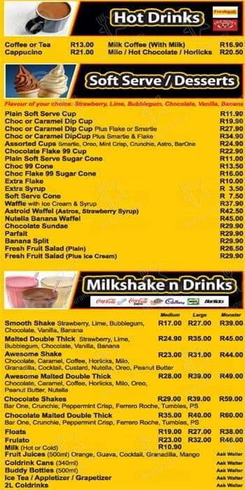 Menu at Sazbar Roadhouse, South Africa