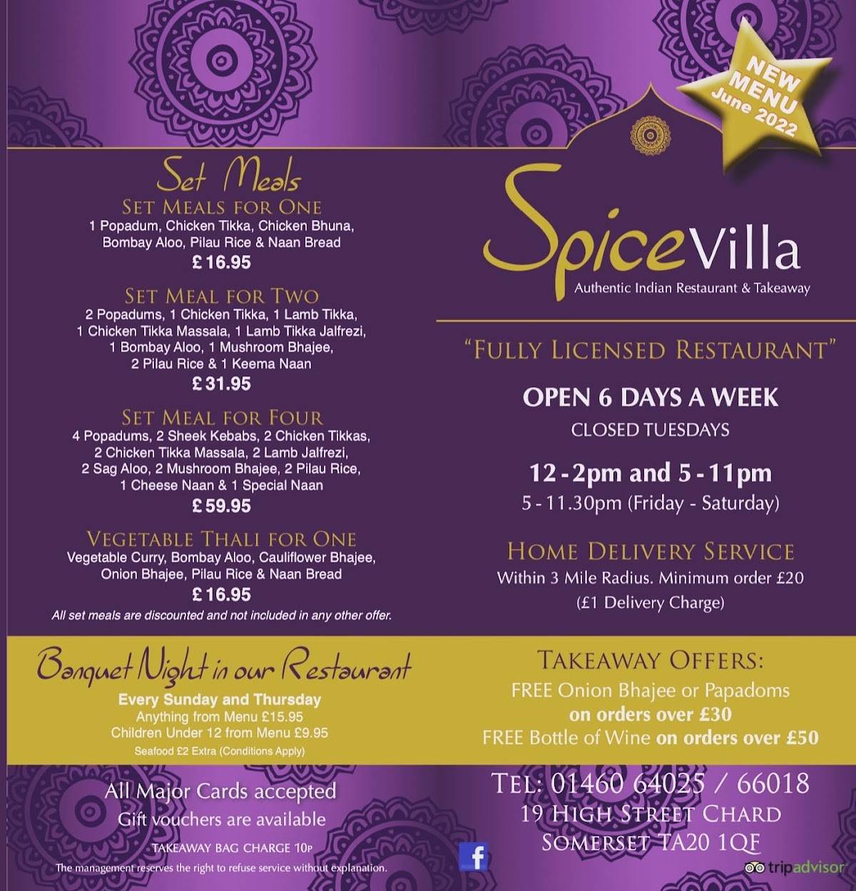 Menu at Spice Villa Indian Restaurant, Chard
