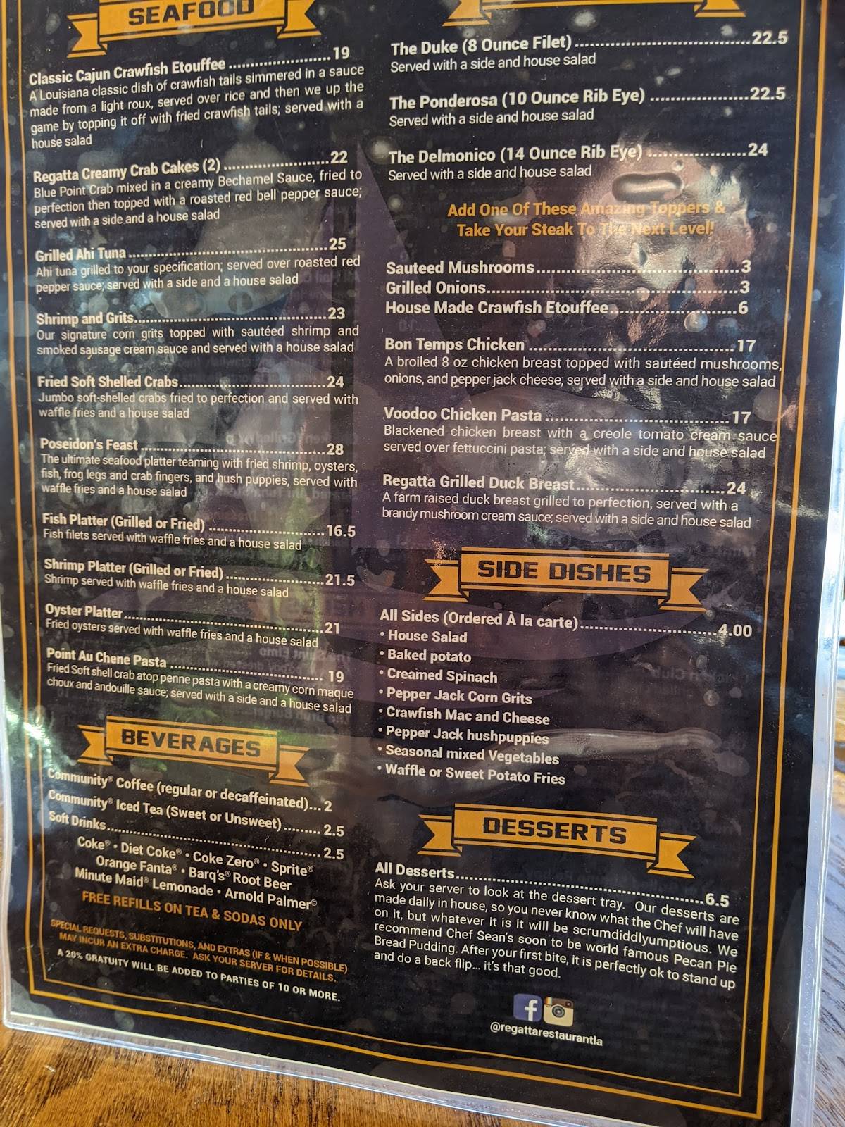 Menu at Regatta Seafood and Steakhouse, Lake Arthur