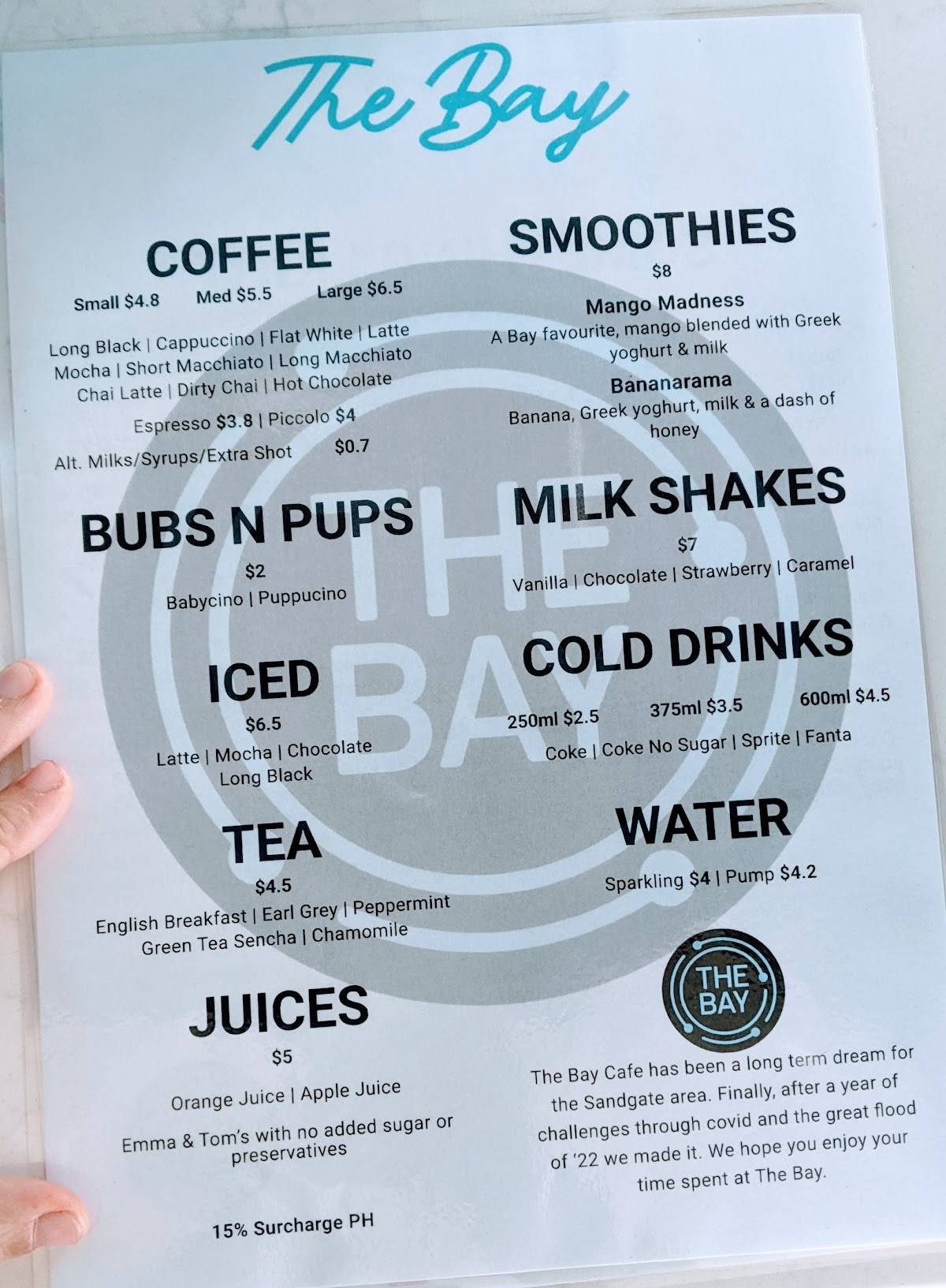 Menu at The Bay Sandgate cafe, Sandgate