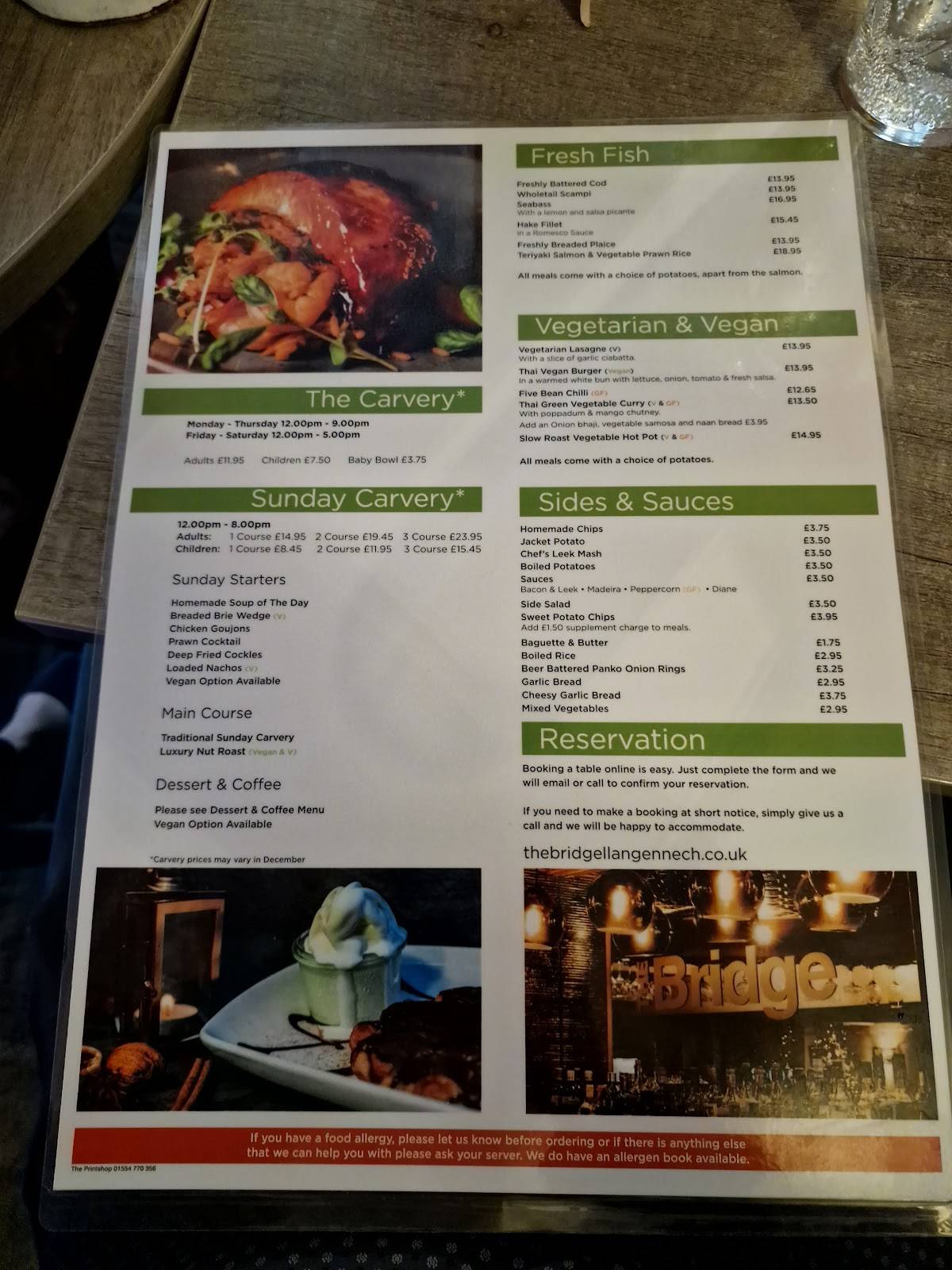 Menu at The Bridge restaurant, Llanelli