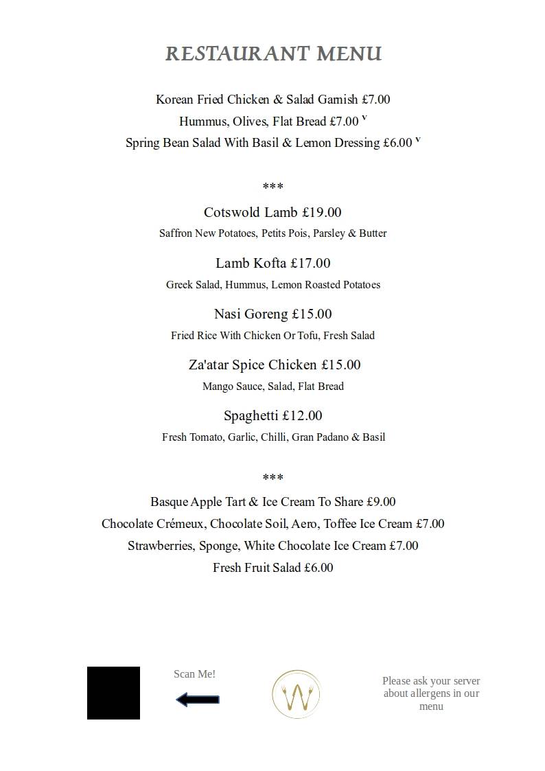 Menu at Wheatsheaf Inn pub & bar, Badsey