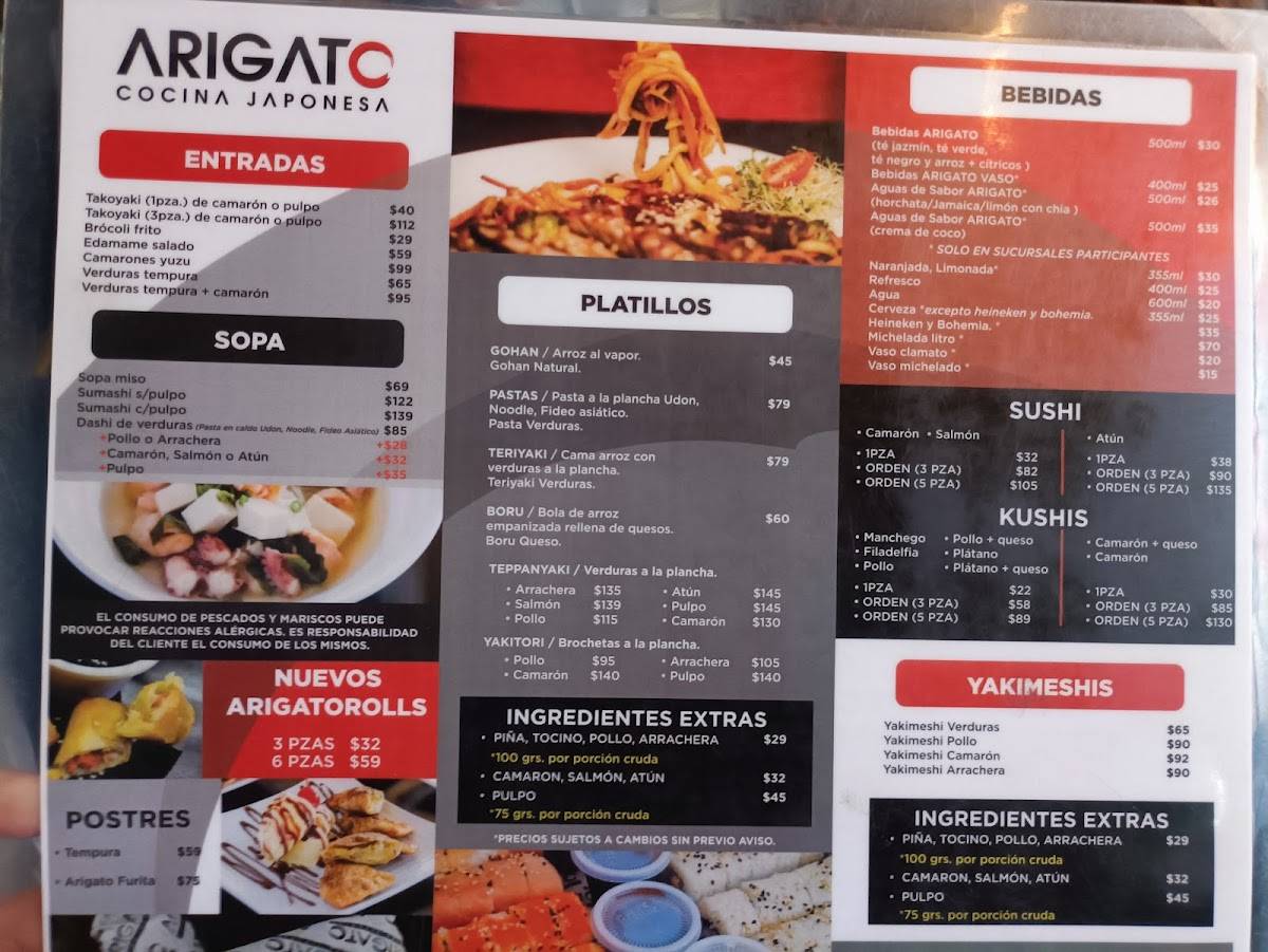 Carta del restaurante ARIGATO cocina japonesa, San Miguel del Allende