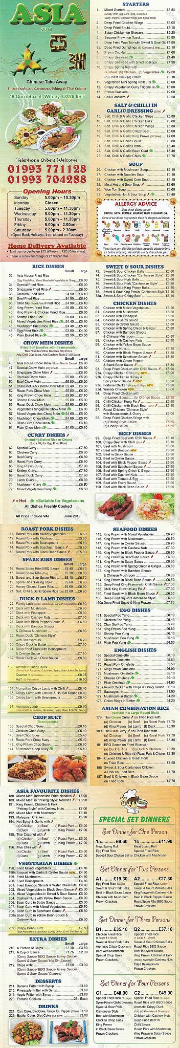 Menu at Asia Chinese Takeaway fast food, Witney