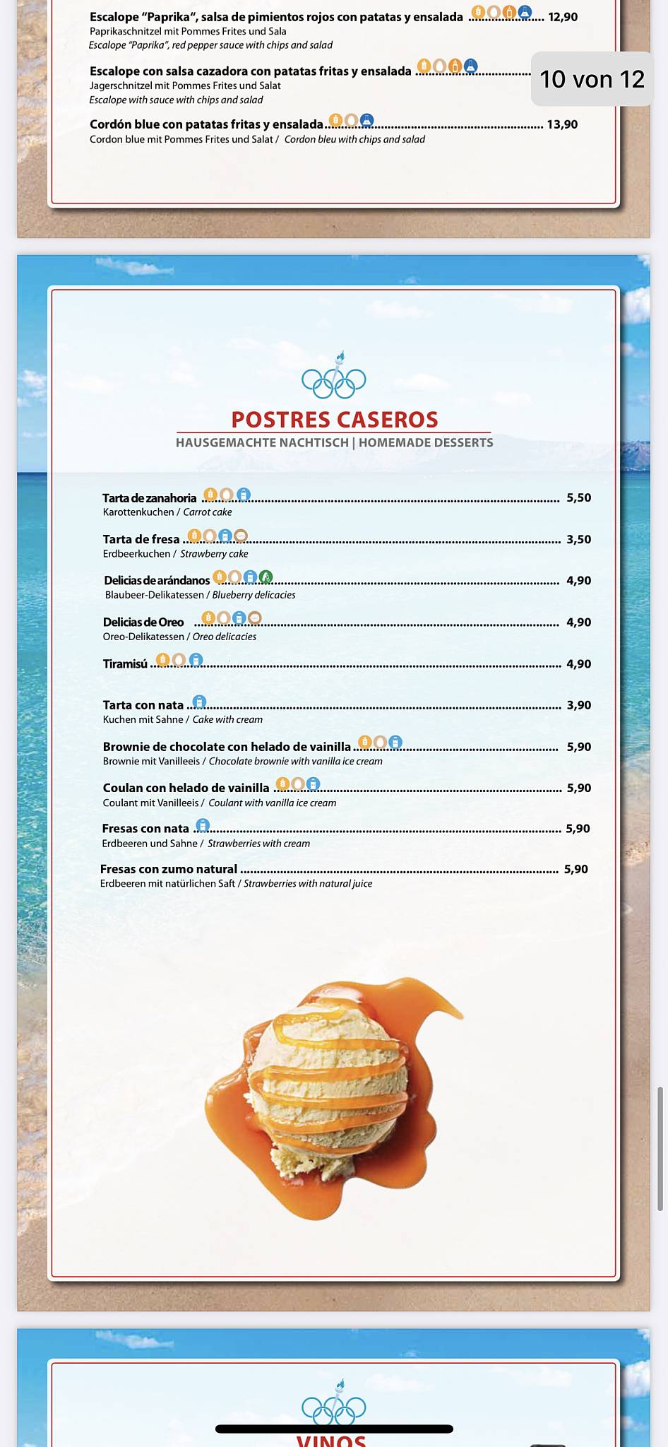 Carta de Restaurante Olimpia Bei Opa & Oma, Can Picafort