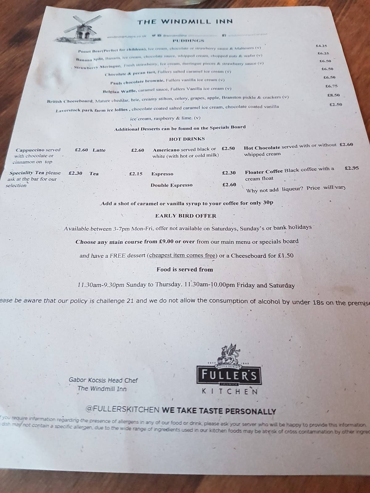 Menu at The Windmill Inn, Portishead pub & bar, Portishead