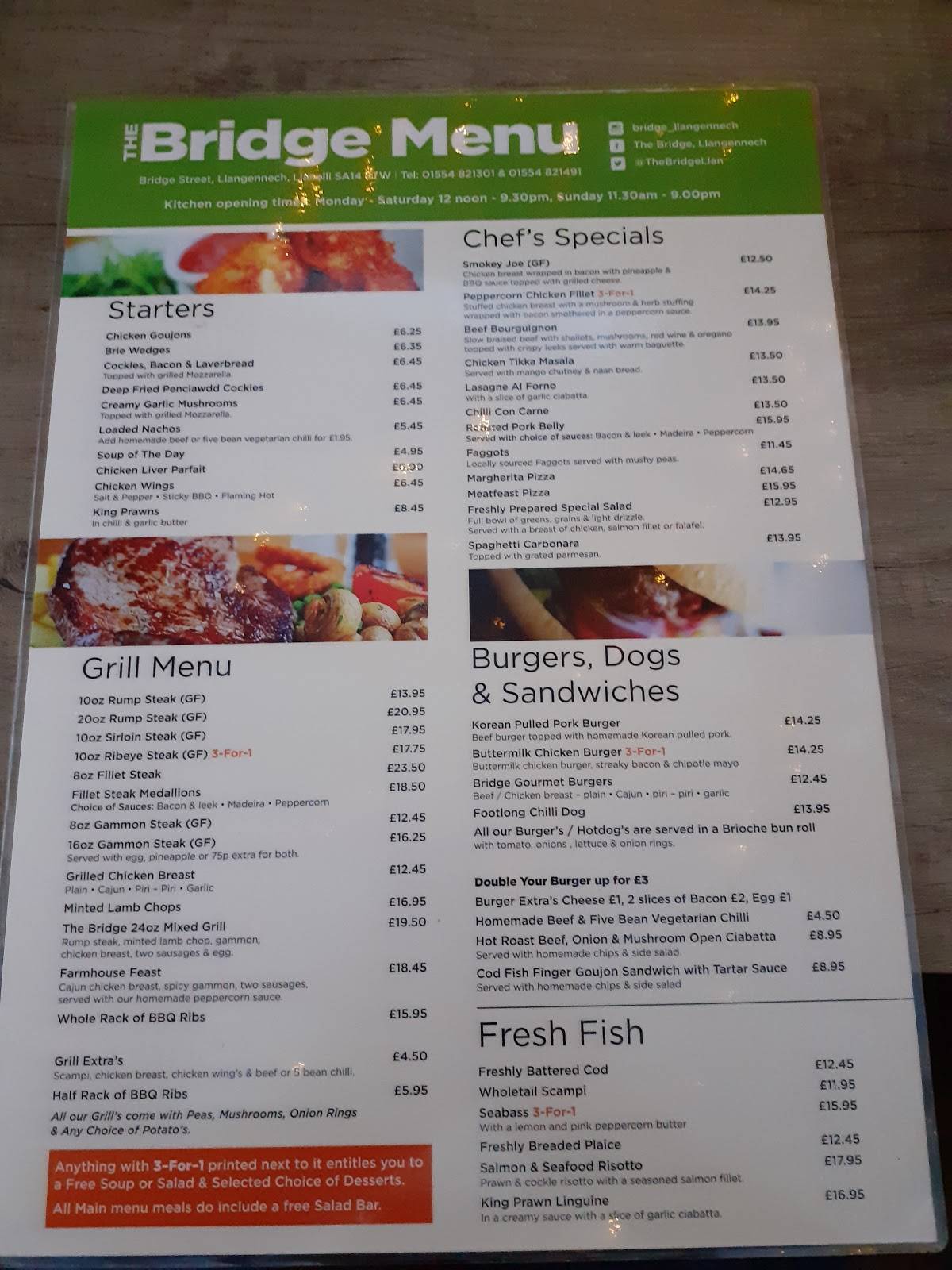 Menu at The Bridge restaurant, Llanelli