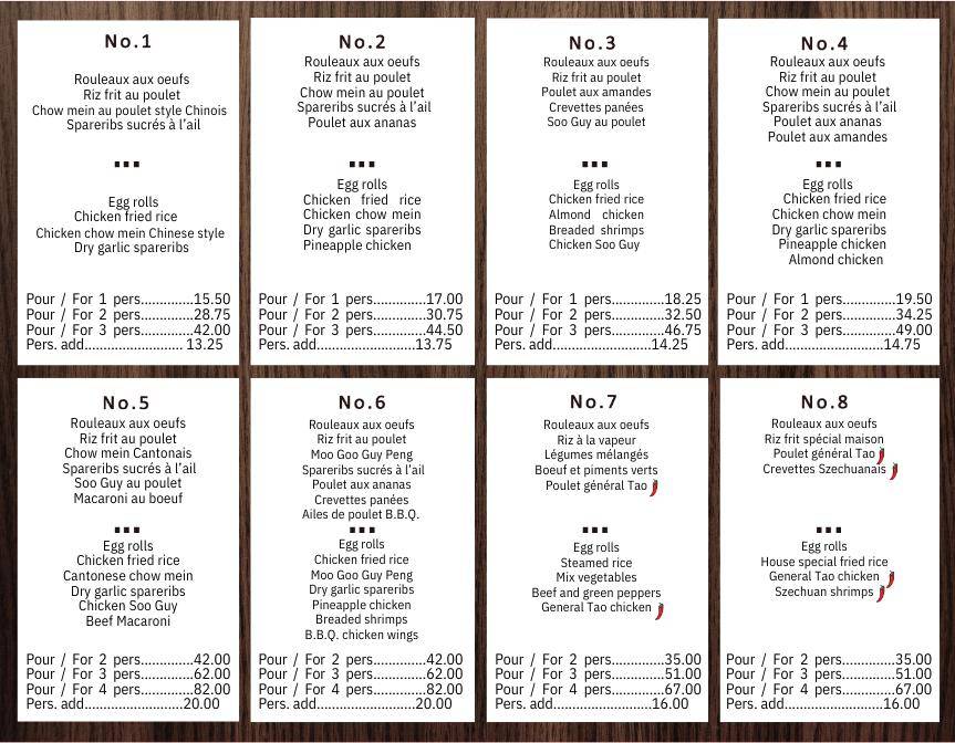 Menu au Buffet Chinois Ming Wah restaurant, Saint-Jérôme