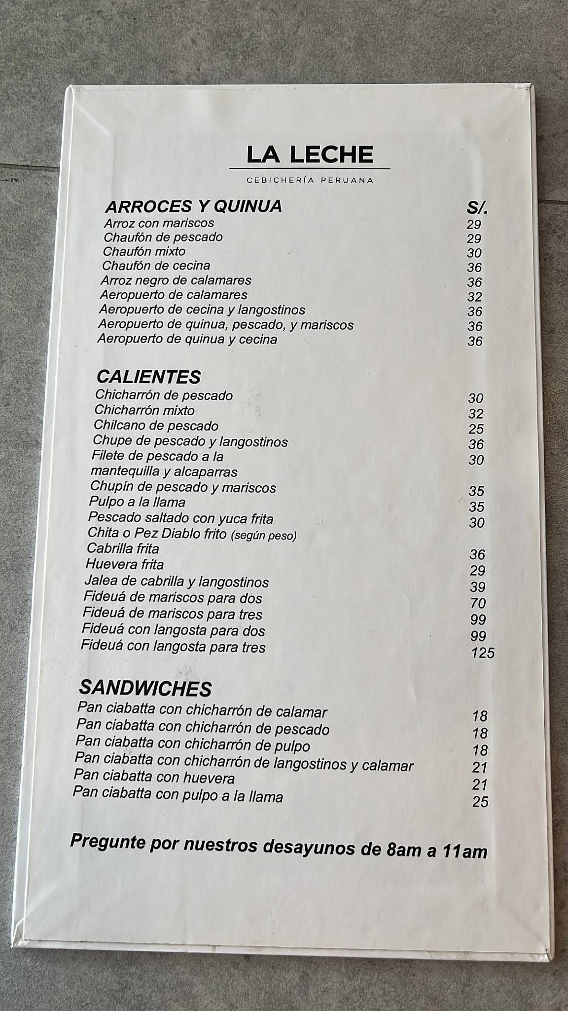 Carta del restaurante Cevichería La Leche, Lima