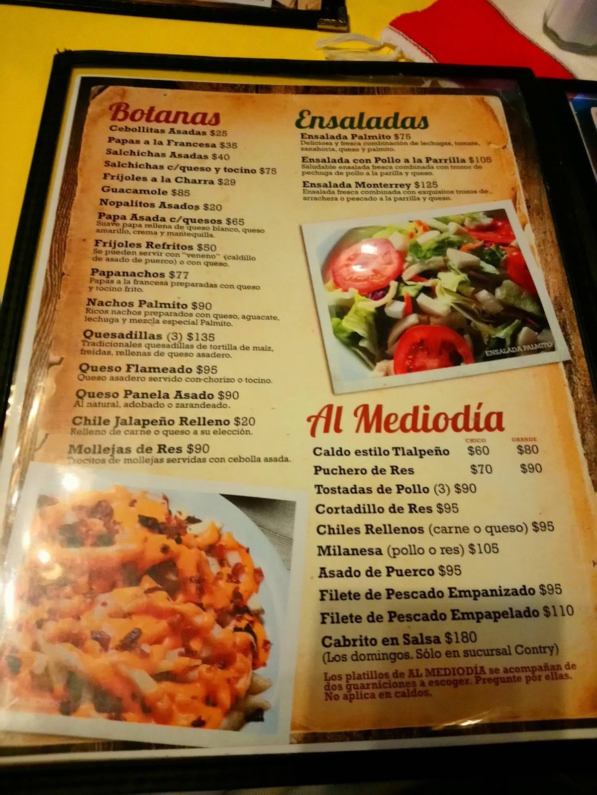 Carta del restaurante El Palmito, Monterrey, Av. Eugenio Garza Sada #3973