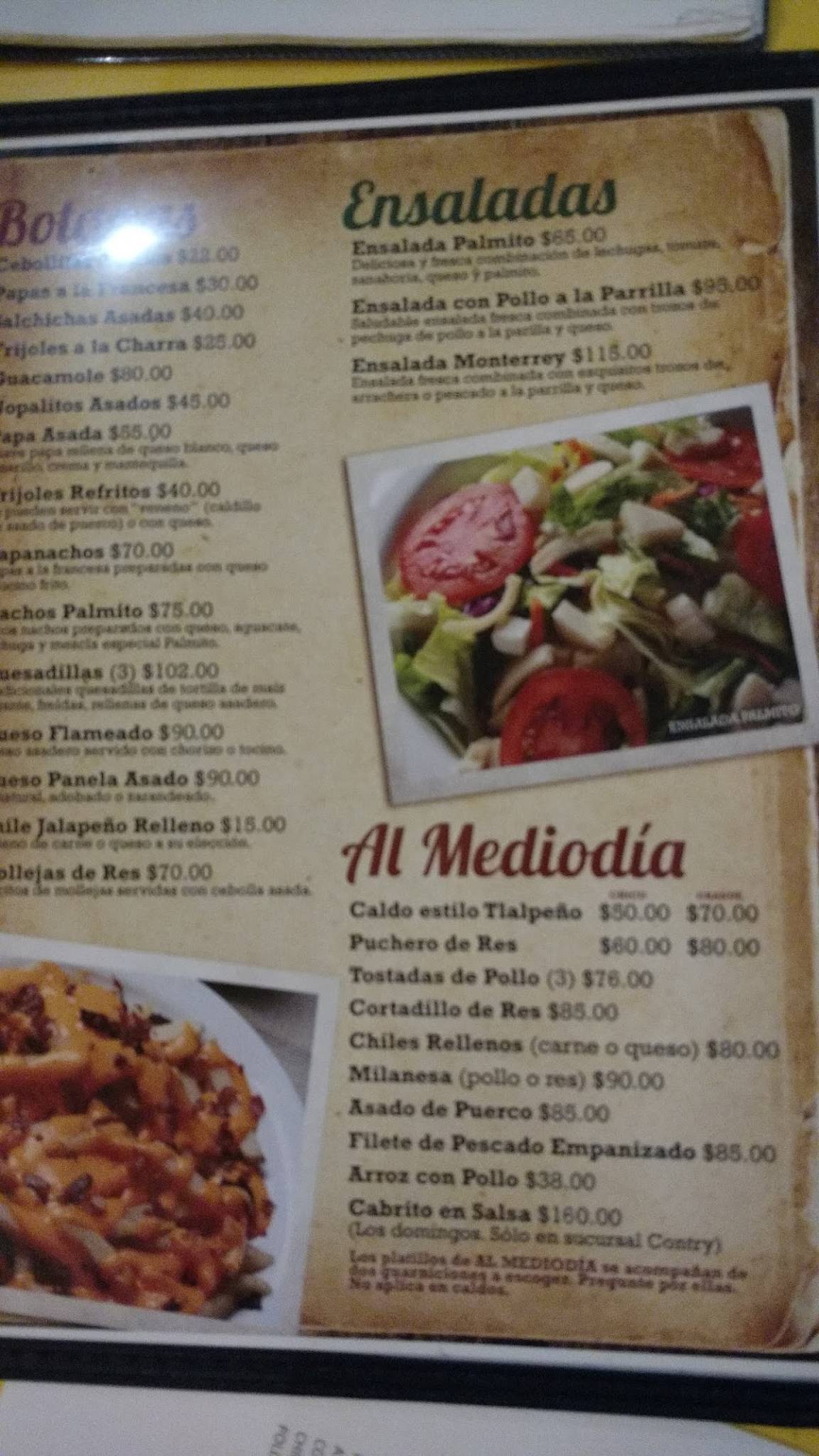 Carta del restaurante El Palmito, Monterrey, Av. Eugenio Garza Sada #3973