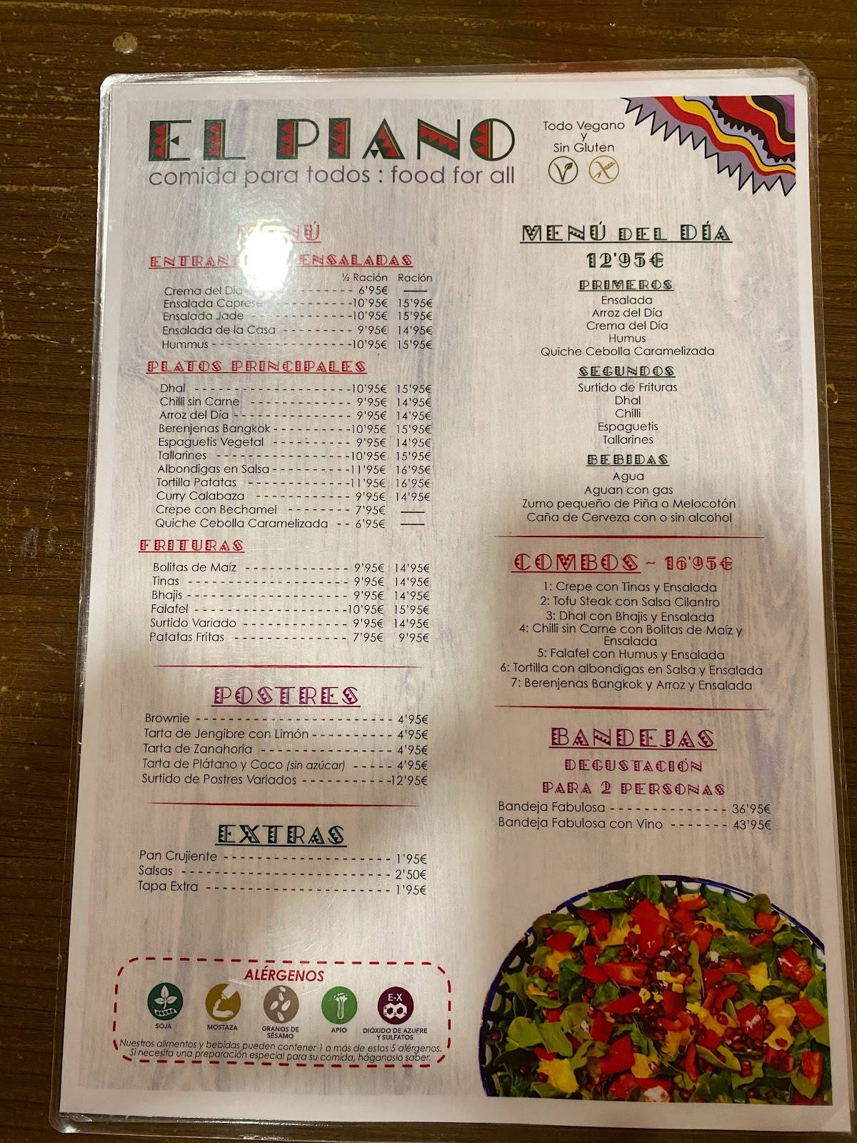 Carta del restaurante El Piano, Granada, C. Santiago