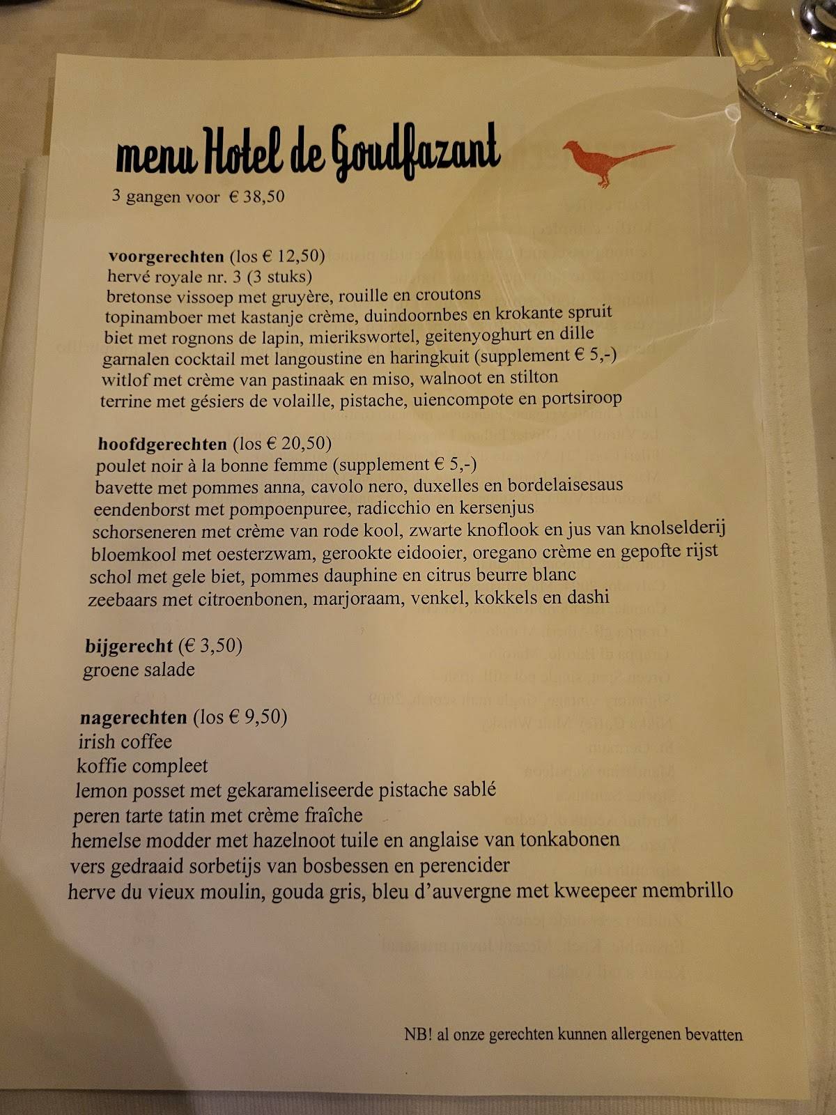 Menu at Hotel De Goudfazant, Amsterdam