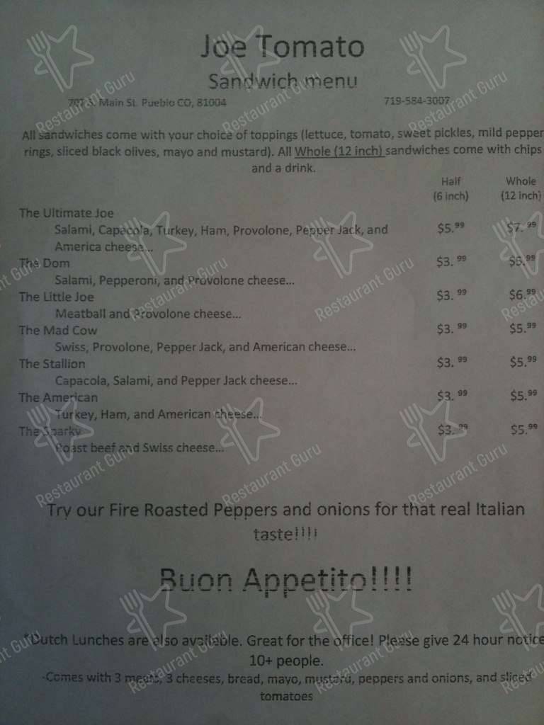 Menu at Joe Tomato fast food, Pueblo