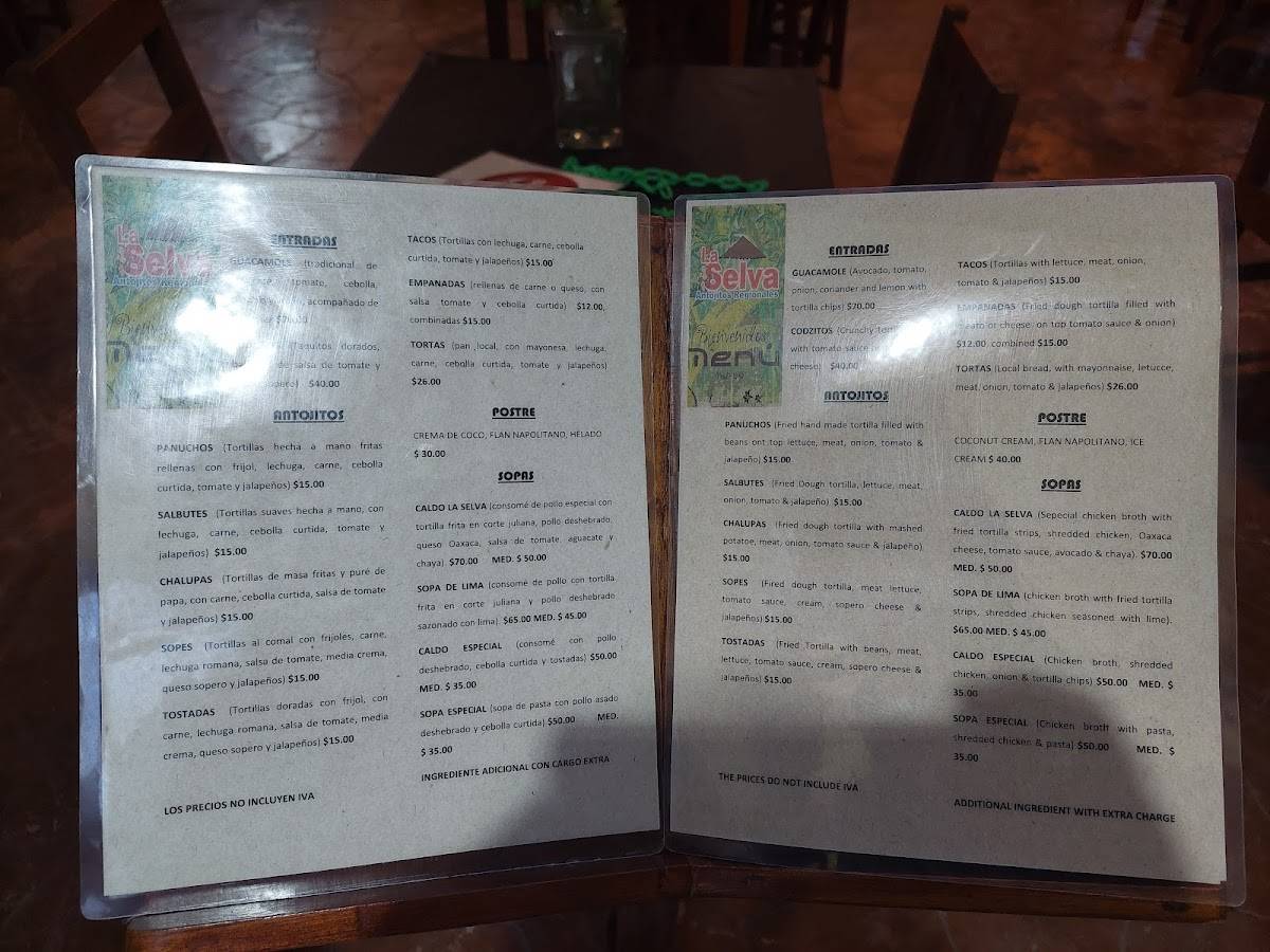 Carta del restaurante La Selva ARivera, Valladolid