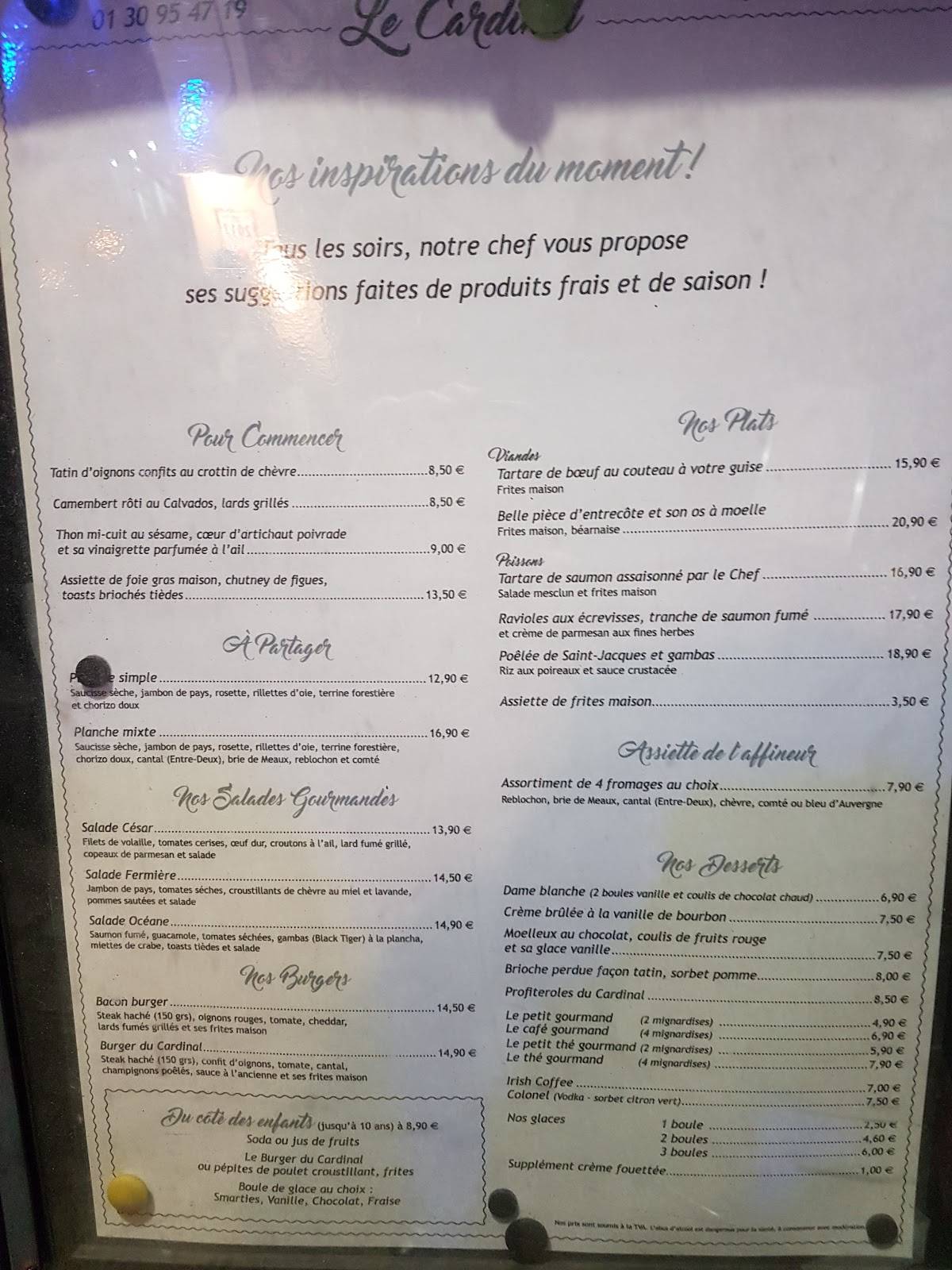 Menu au Le Cardinal restaurant, Maule