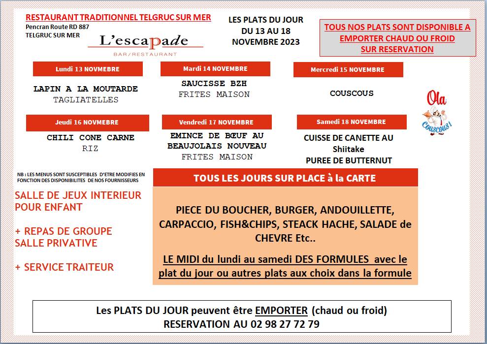 Menu au L'escapade restaurant, Telgruc-sur-Mer, Pencran
