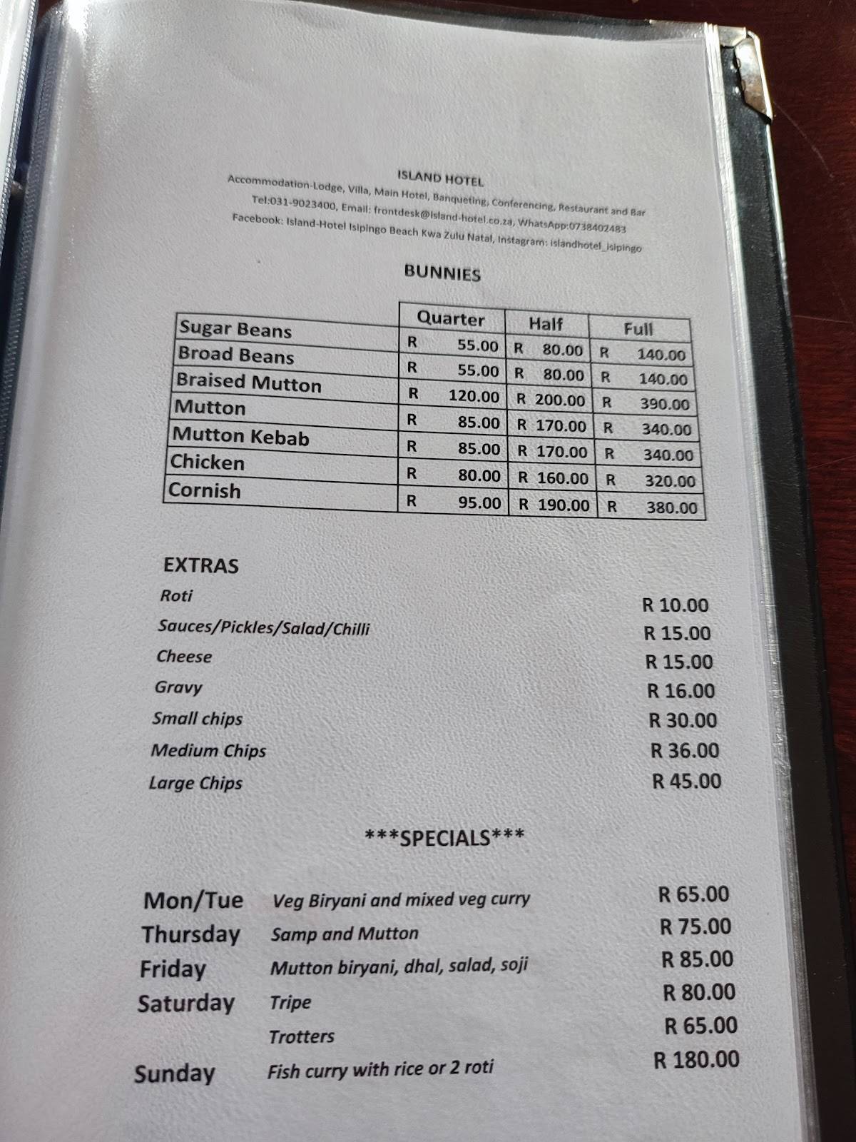 Menu at Mangrove Restaurant (Isipingo Hotel), Lotus Park