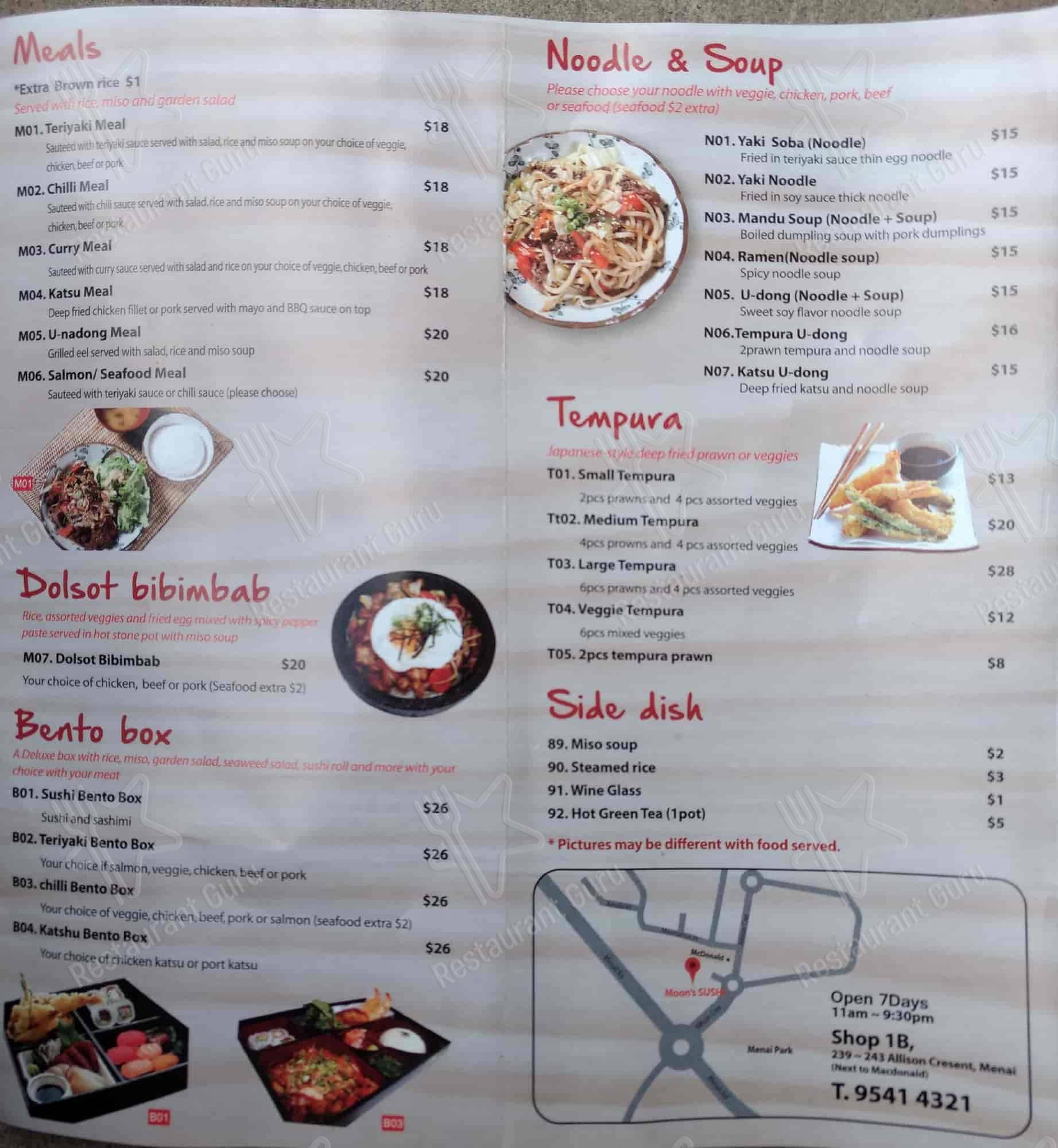 Menu at Moon's Sushi restaurant, Menai