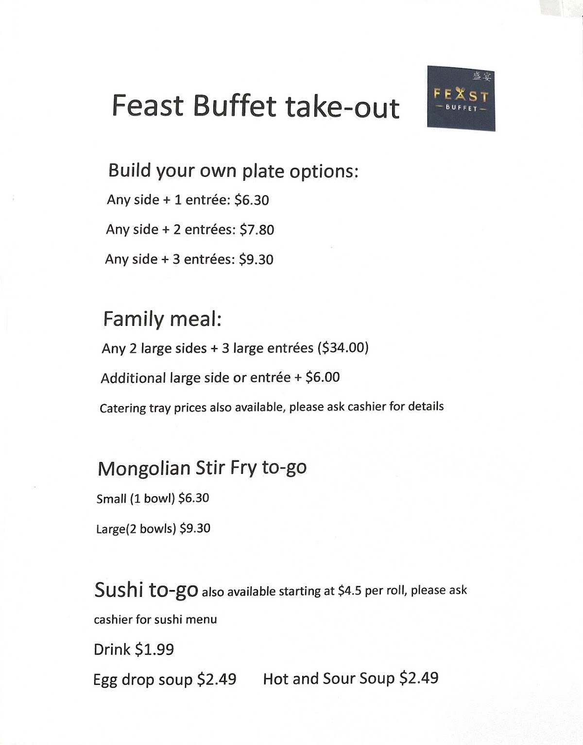 Menu at Feast Buffet restaurant, Orem