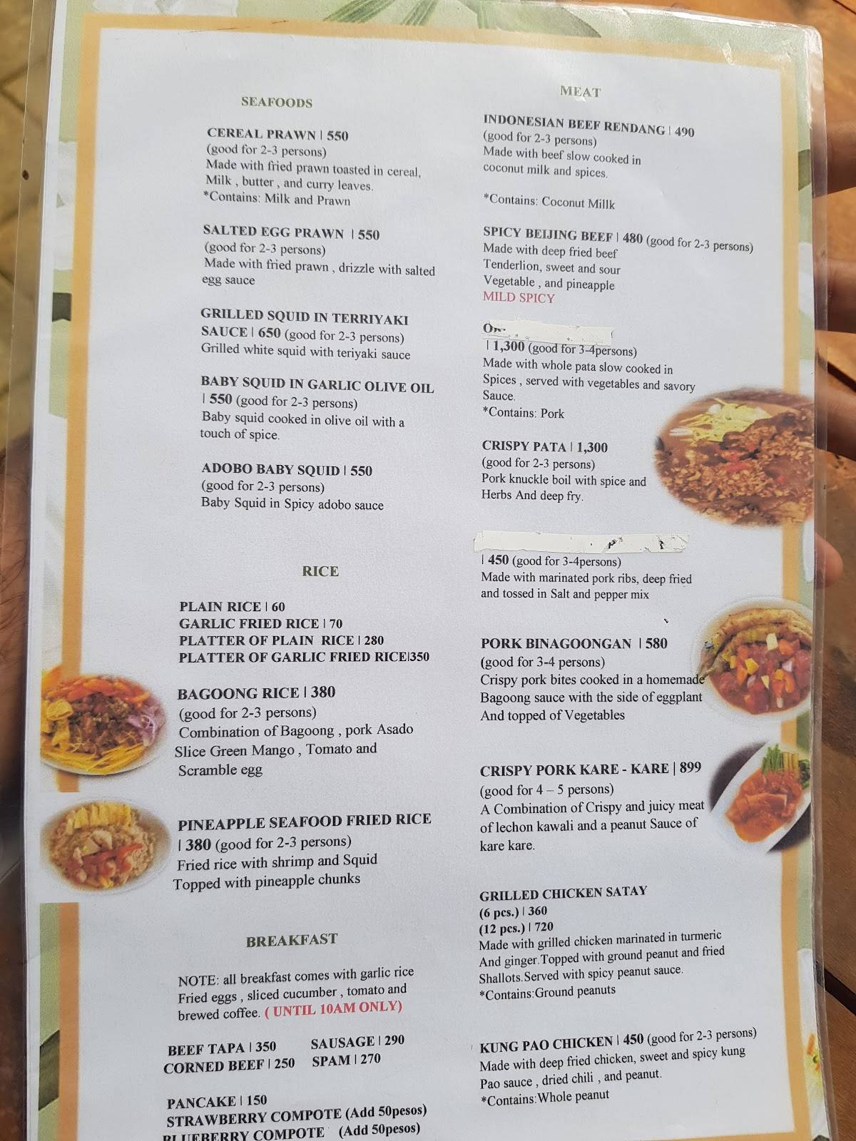 Menu at Perlas ng Silang restaurant, Silang