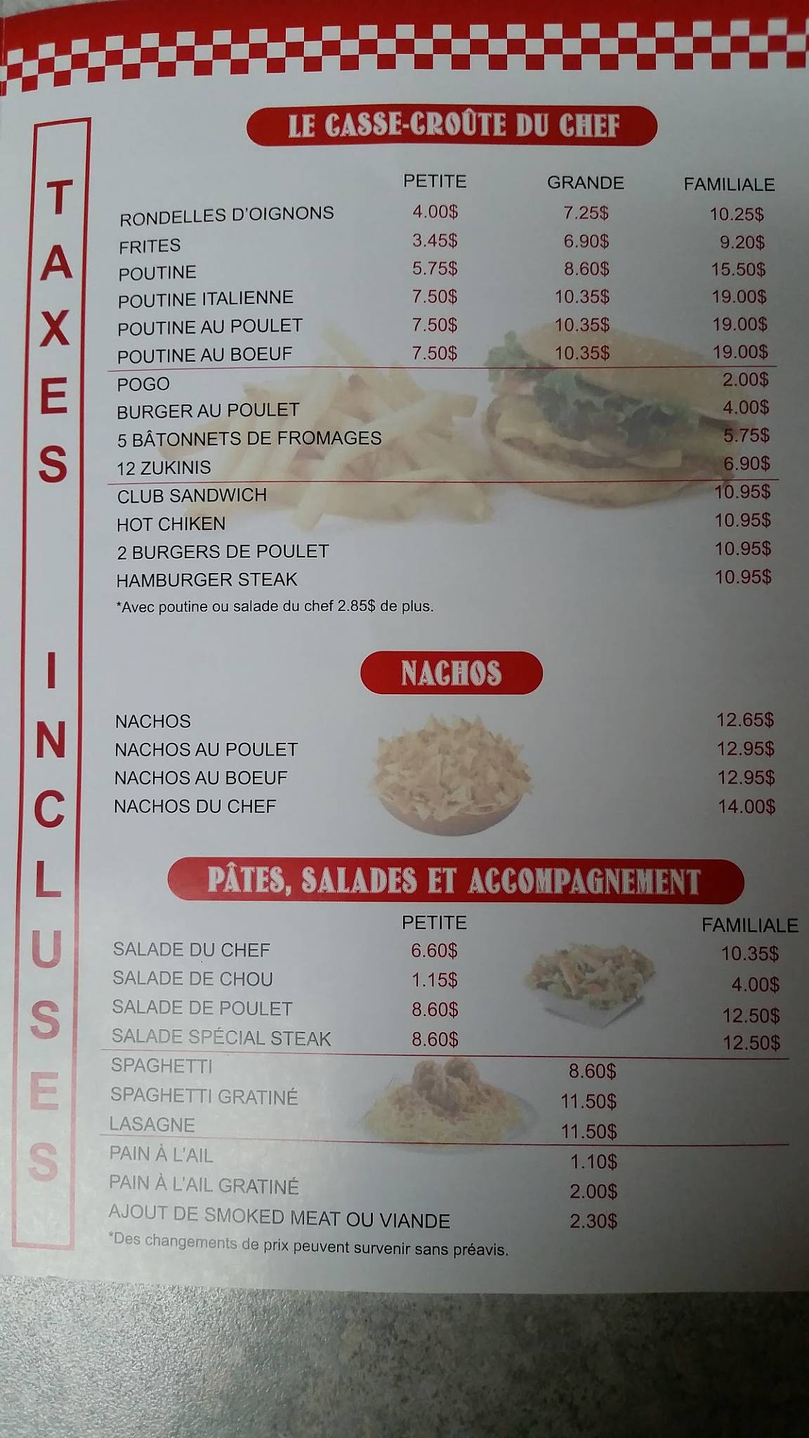 Menu au Pizza du Chef Sim restaurant, Thurso