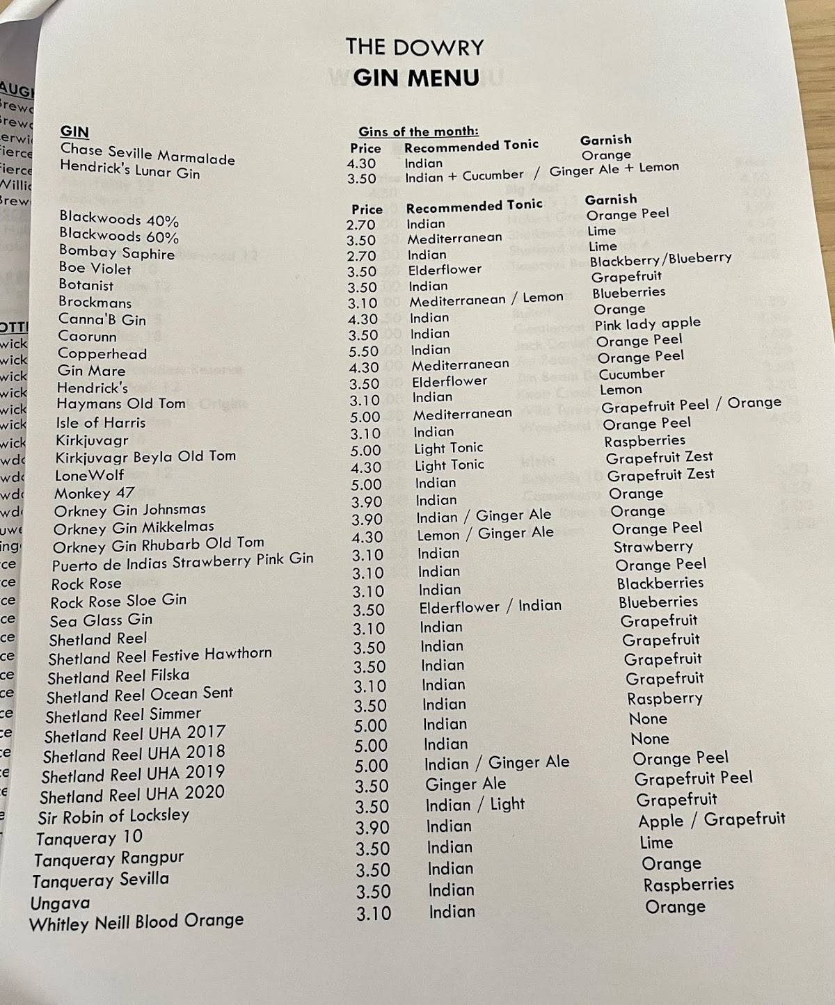 Menu at The Dowry pub & bar, Lerwick