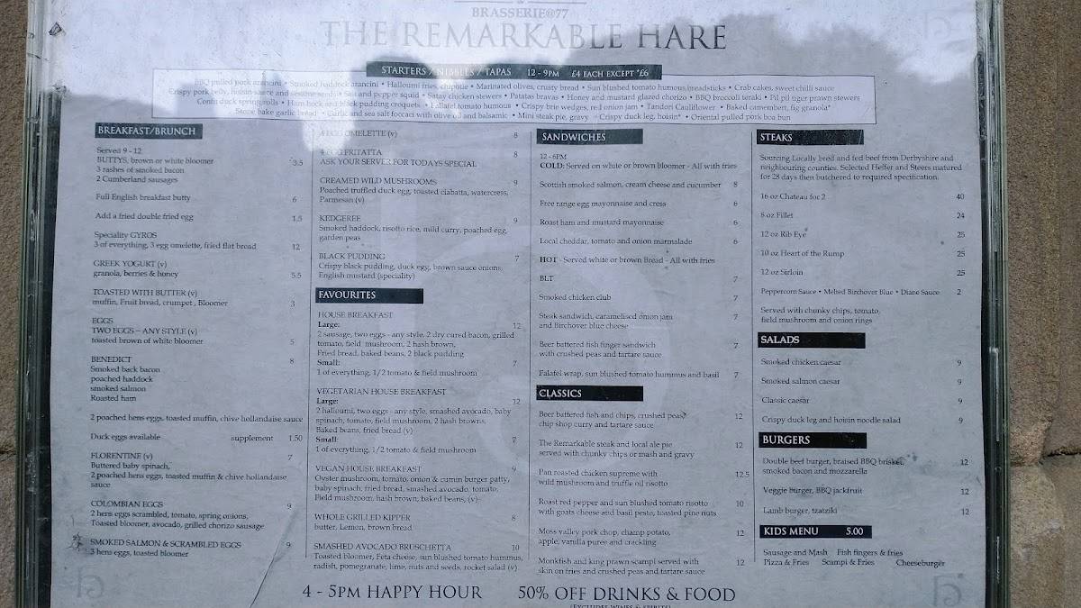 Menu at Remarkable Hare pub & bar, Matlock