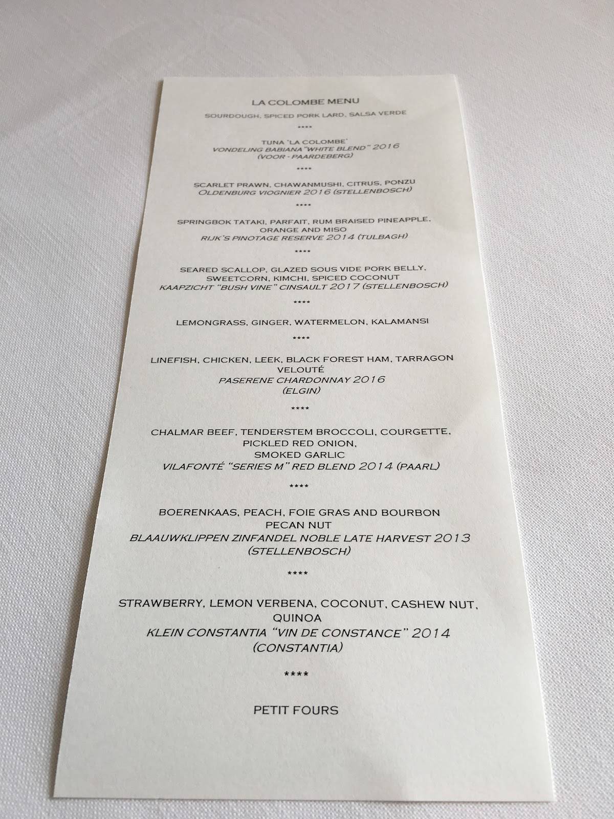 Menu au La Colombe Restaurant, Le Cap, Silvermist Wine Estate