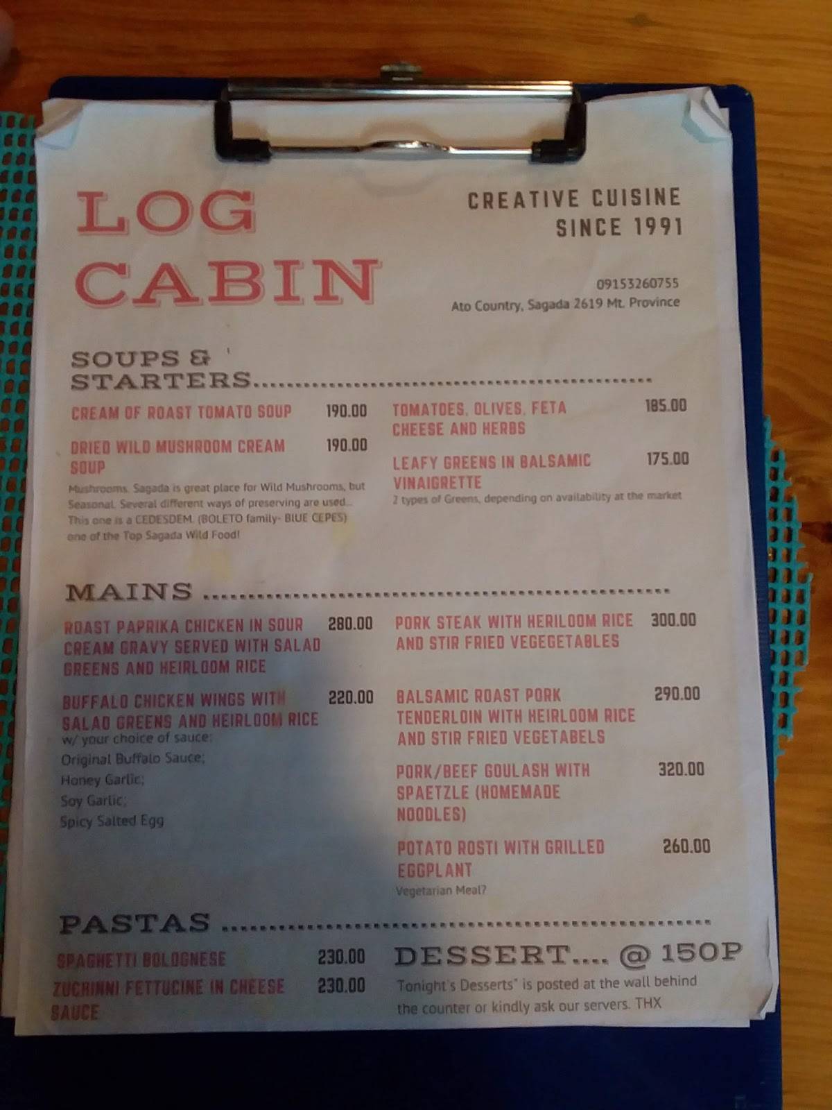 Menu at Log Cabin Sagada restaurant, Sagada, Sagada - Besao Rd