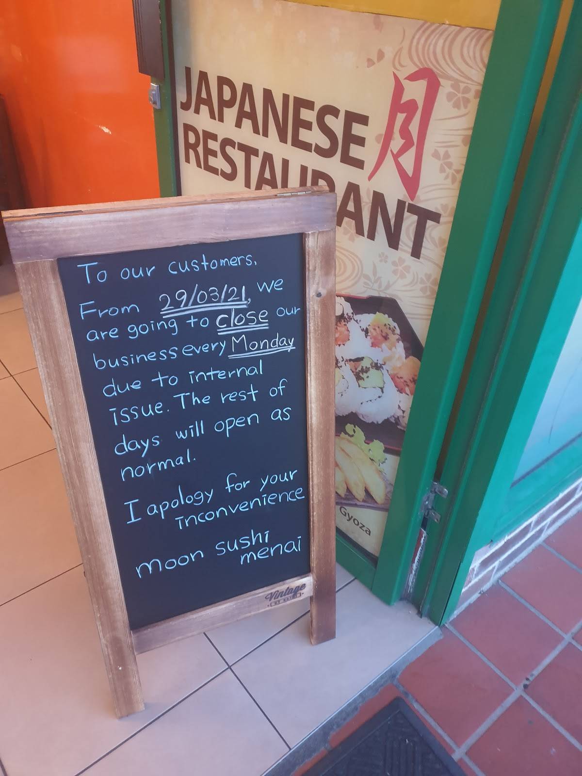 Menu at Moon's Sushi restaurant, Menai