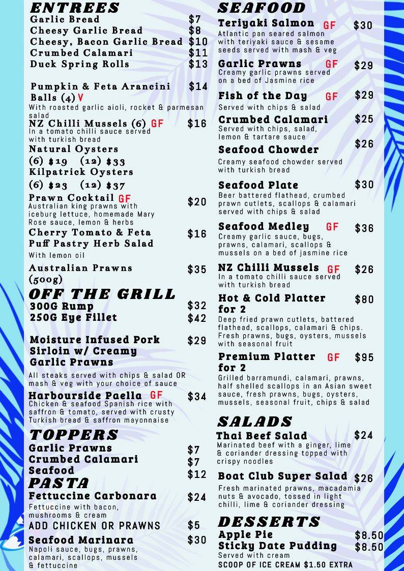 Menu at Moreton Bay Boat Club, Scarborough