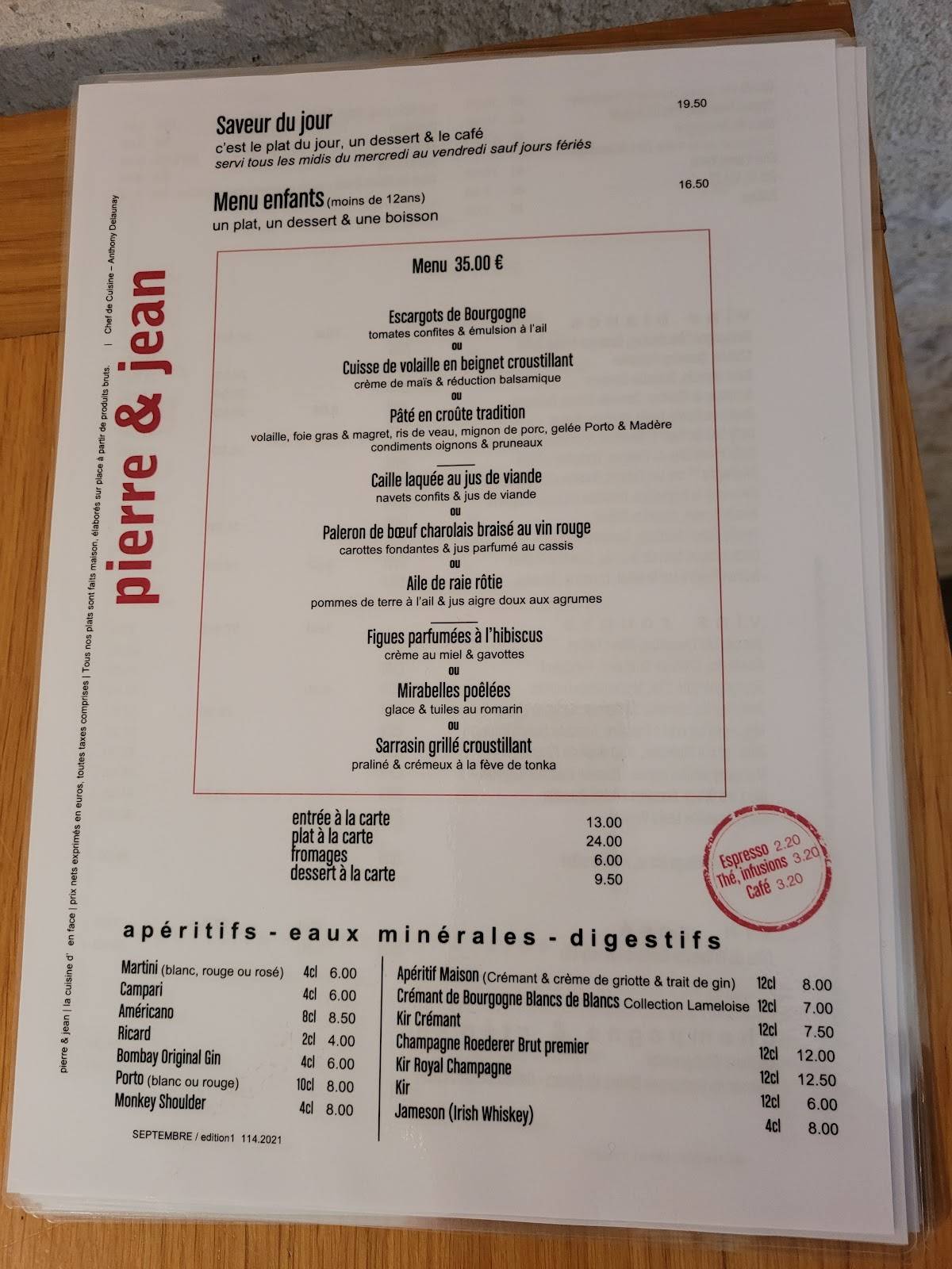 Menu au Pierre et Jean restaurant, Chagny