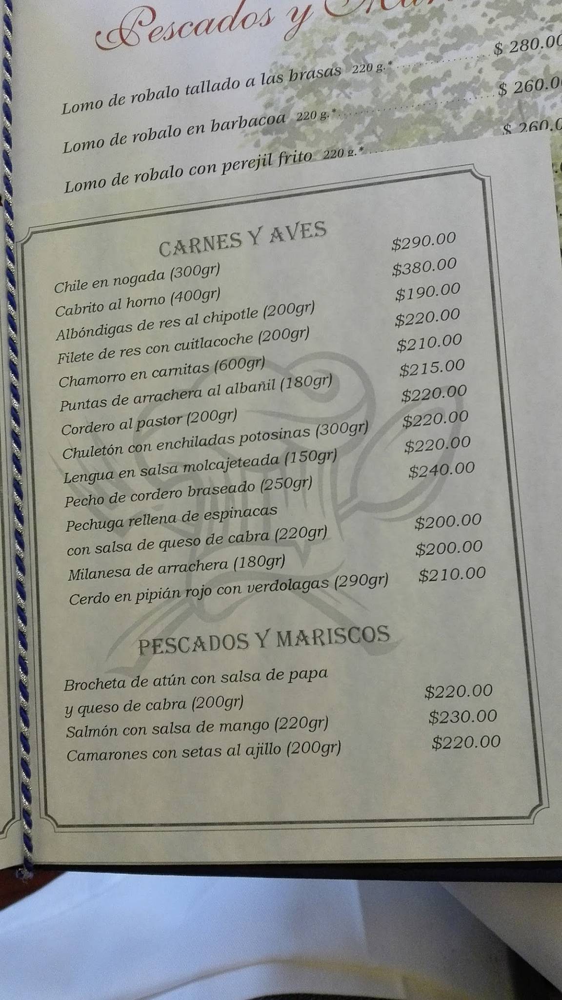 Carta del restaurante El Cardenal del San Ángel, Ciudad del México, Av ...
