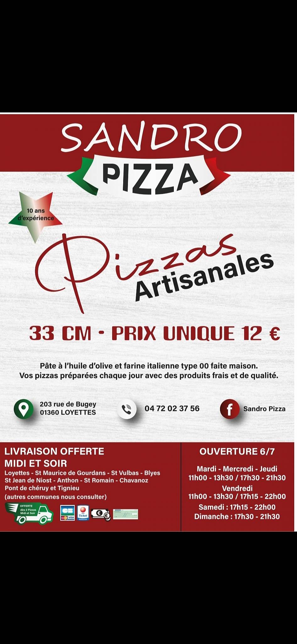 Menu au Sandro Pizza restaurant, Loyettes