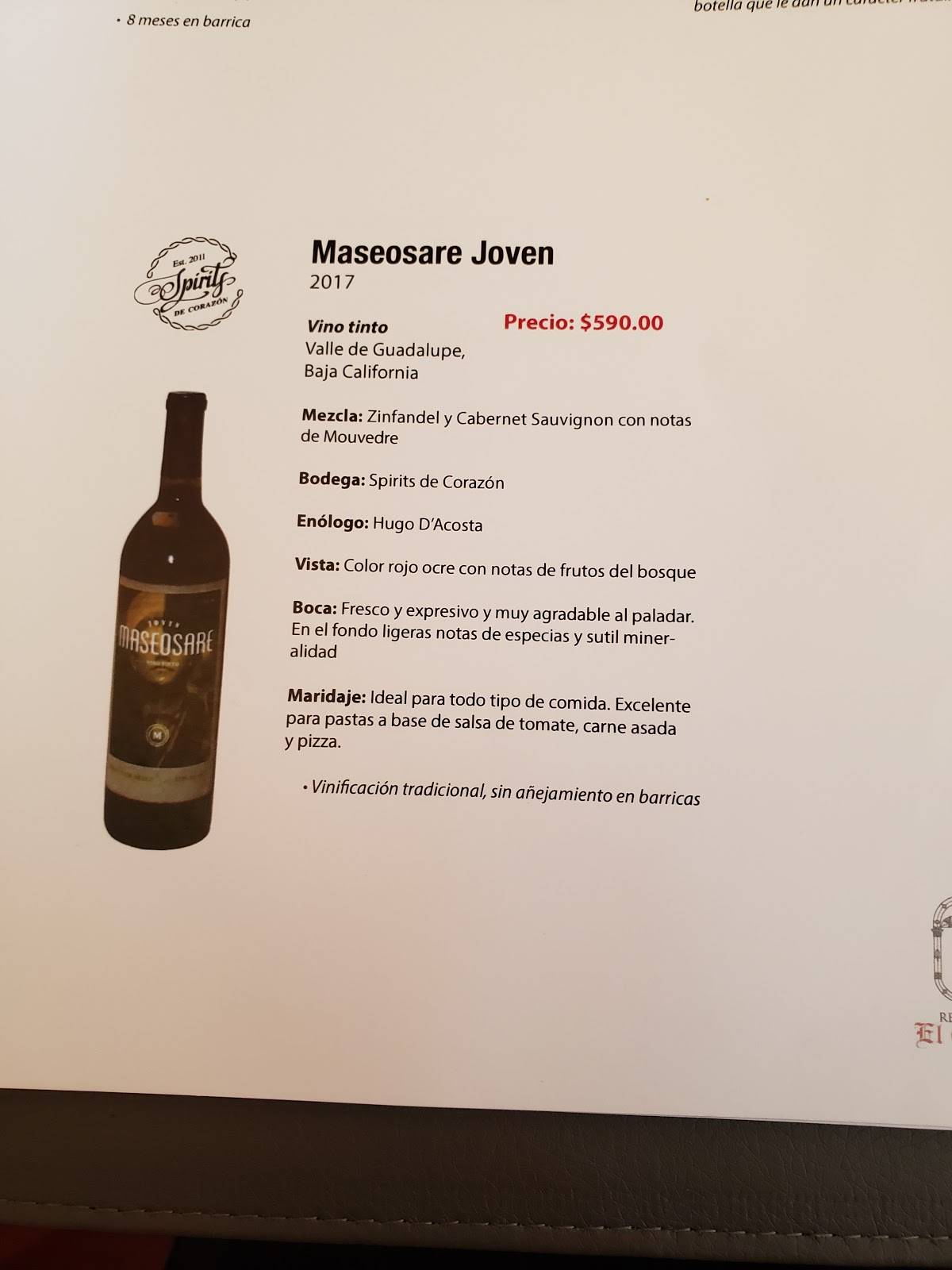 Carta del restaurante El Cardenal del San Ángel, Ciudad del México, Av ...