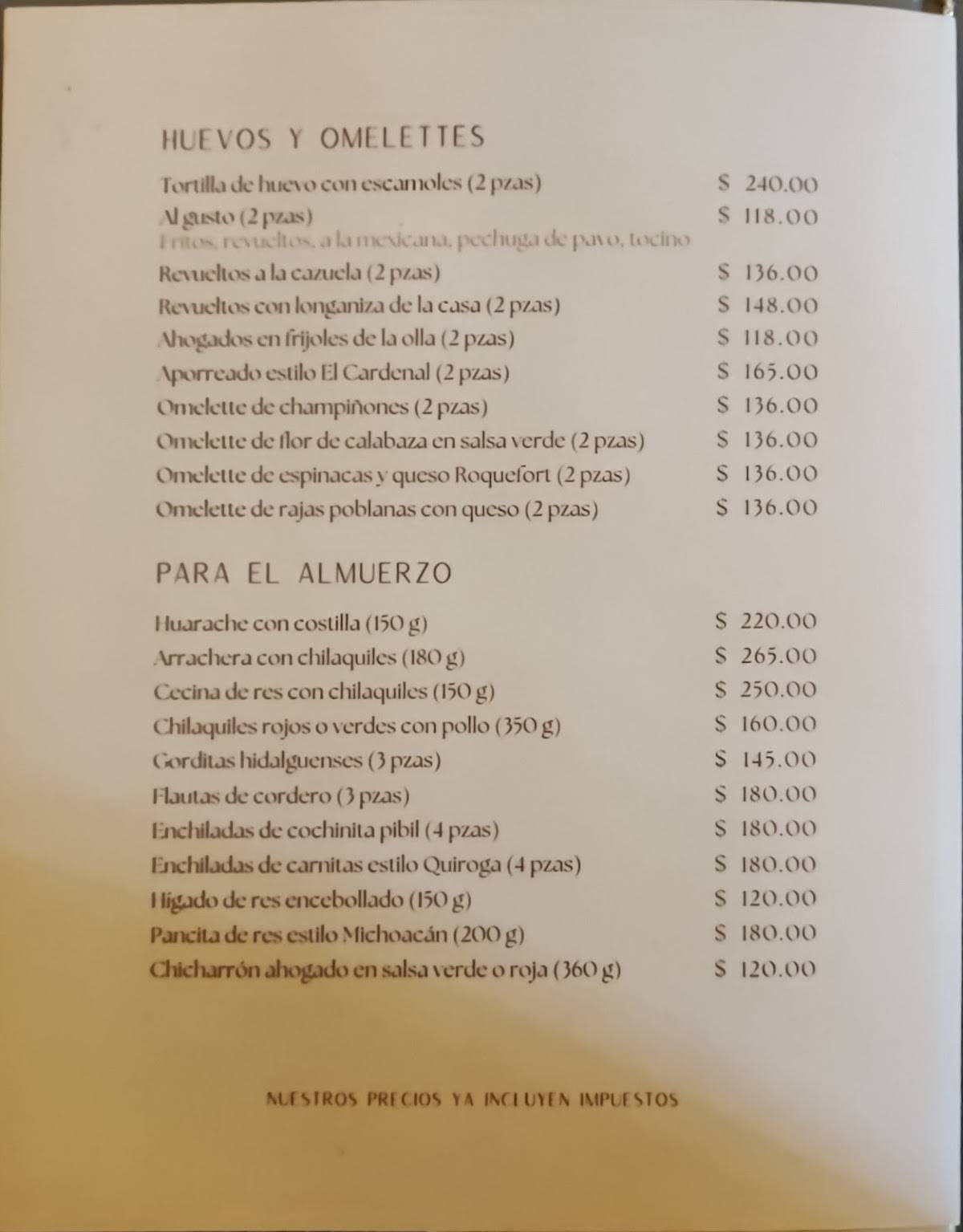 Carta del restaurante El Cardenal del San Ángel, Ciudad del México, Av ...