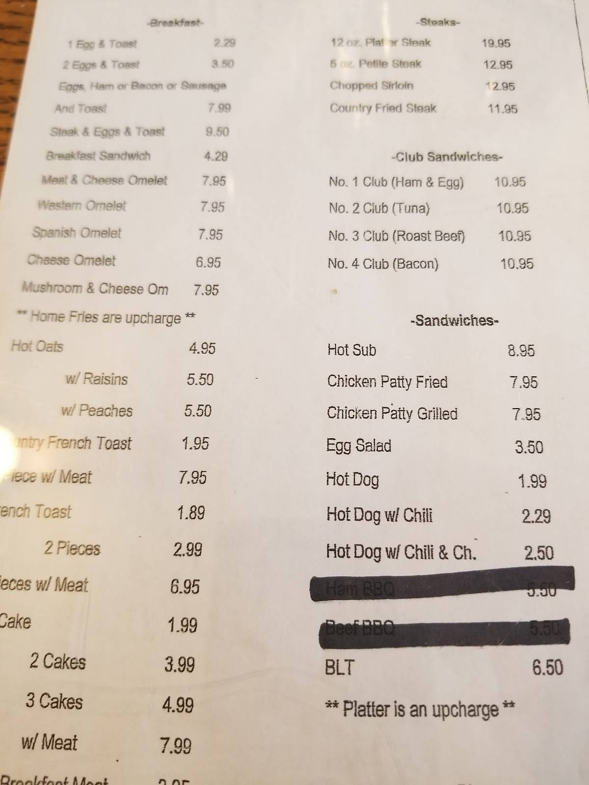 Menu at Ryder's Restaurant, New Wilmington