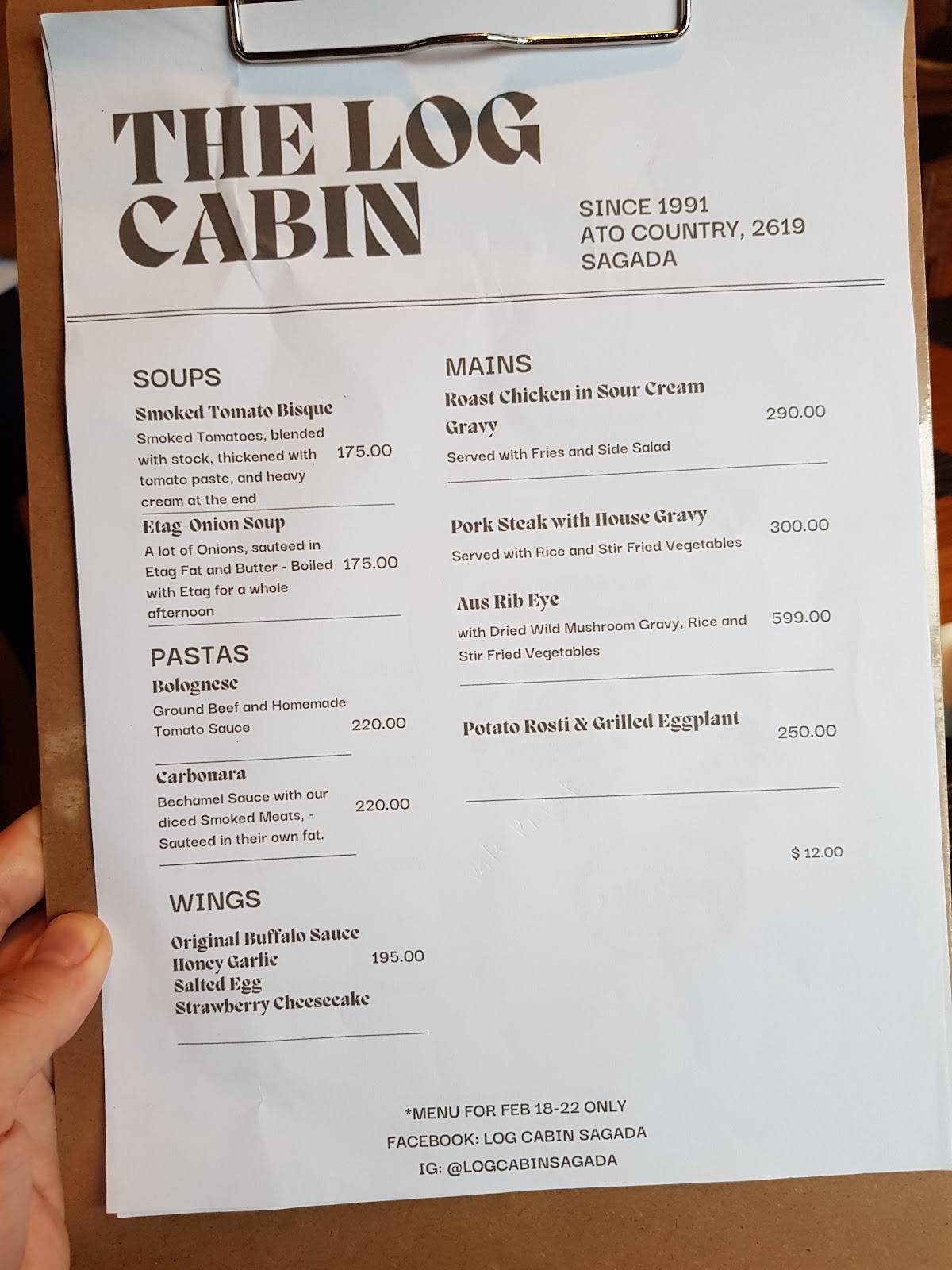 Menu at Log Cabin Sagada restaurant, Sagada, Sagada - Besao Rd