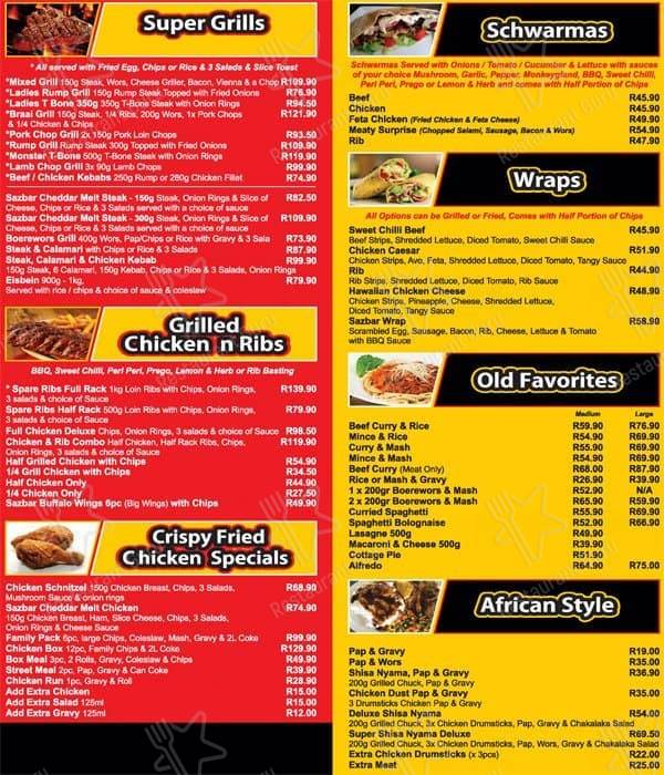 Menu at Sazbar Roadhouse, South Africa