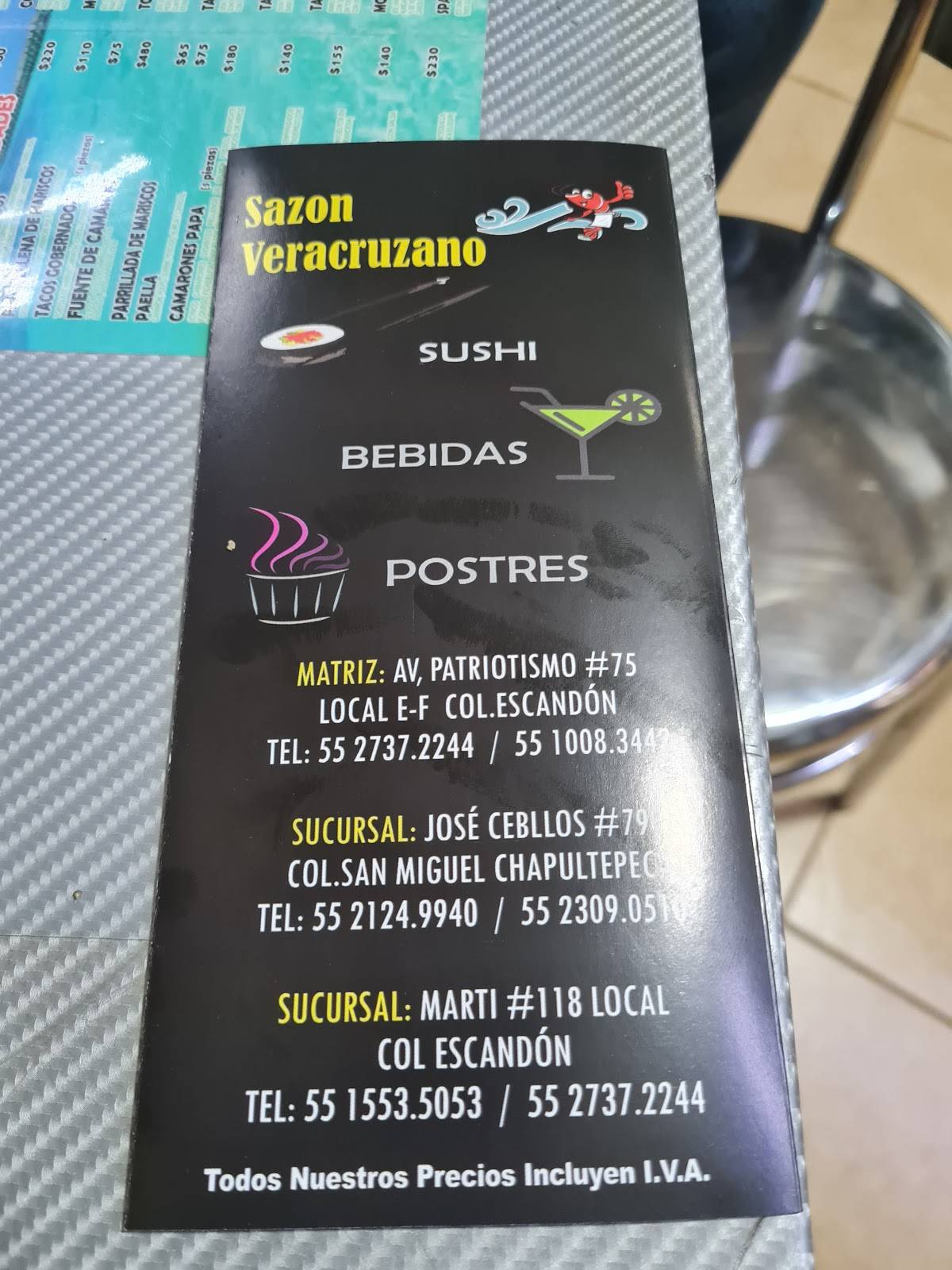 Carta del restaurante Sazon Veracruzano, Ciudad del México, Av. Patriotismo 55
